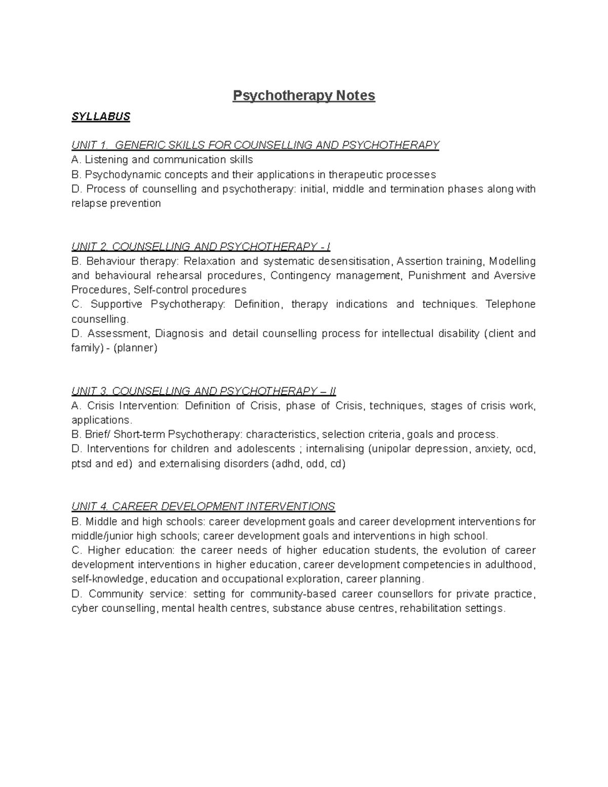 Psychotherapy Notes - THERAPY - Psychotherapy Notes SYLLABUS UNIT 1 ...
