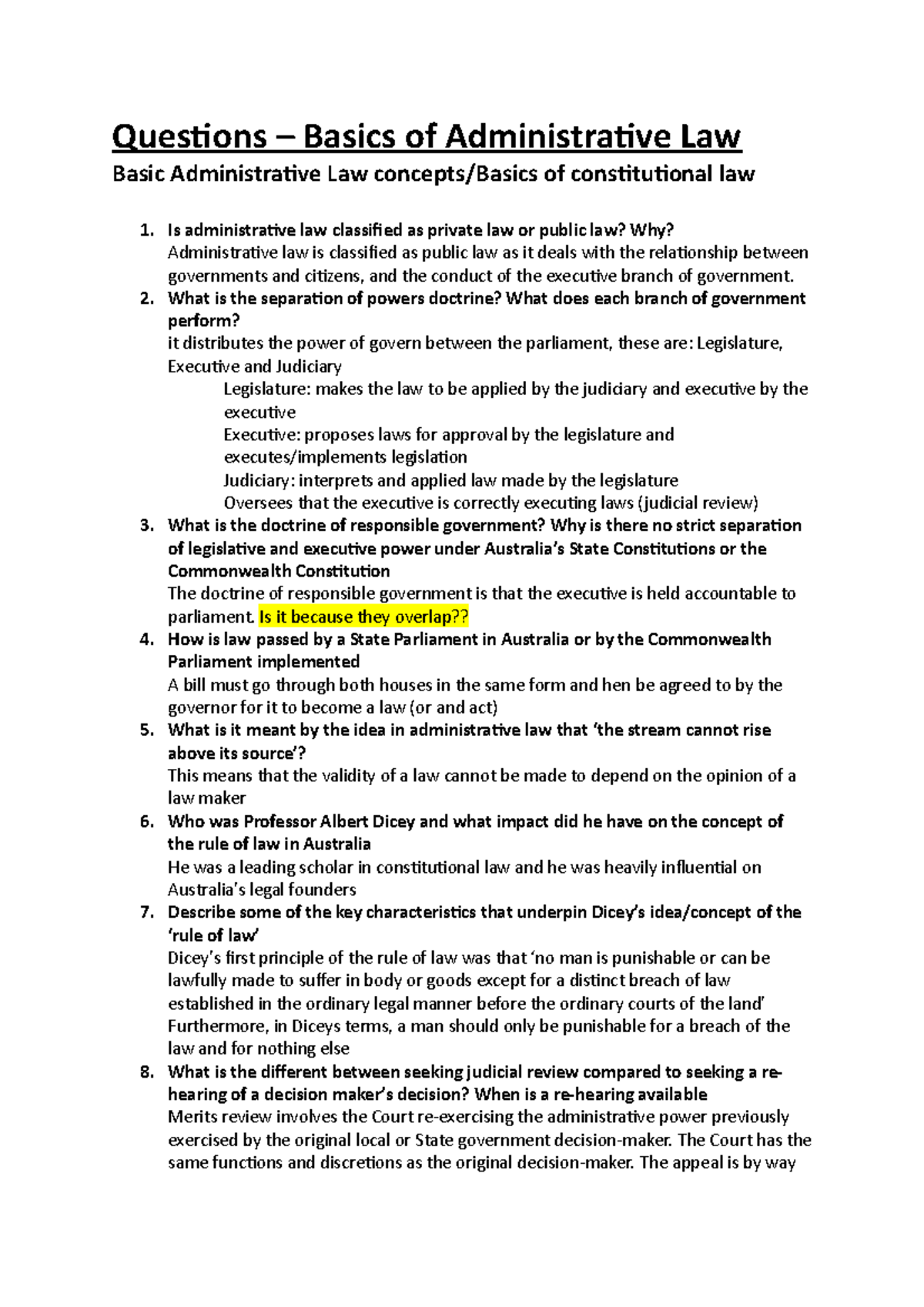 Admin law question week 6 - Questions – Basics of Administrative Law ...