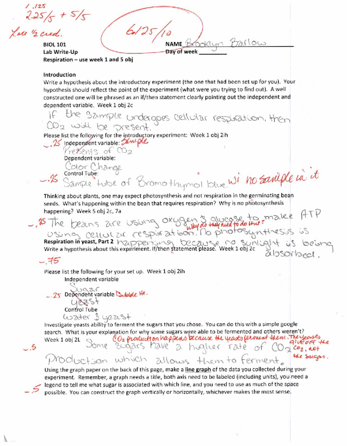 Respiration Lab Write-up - BIOL 101 Lab of week Respiration use week 1 ...