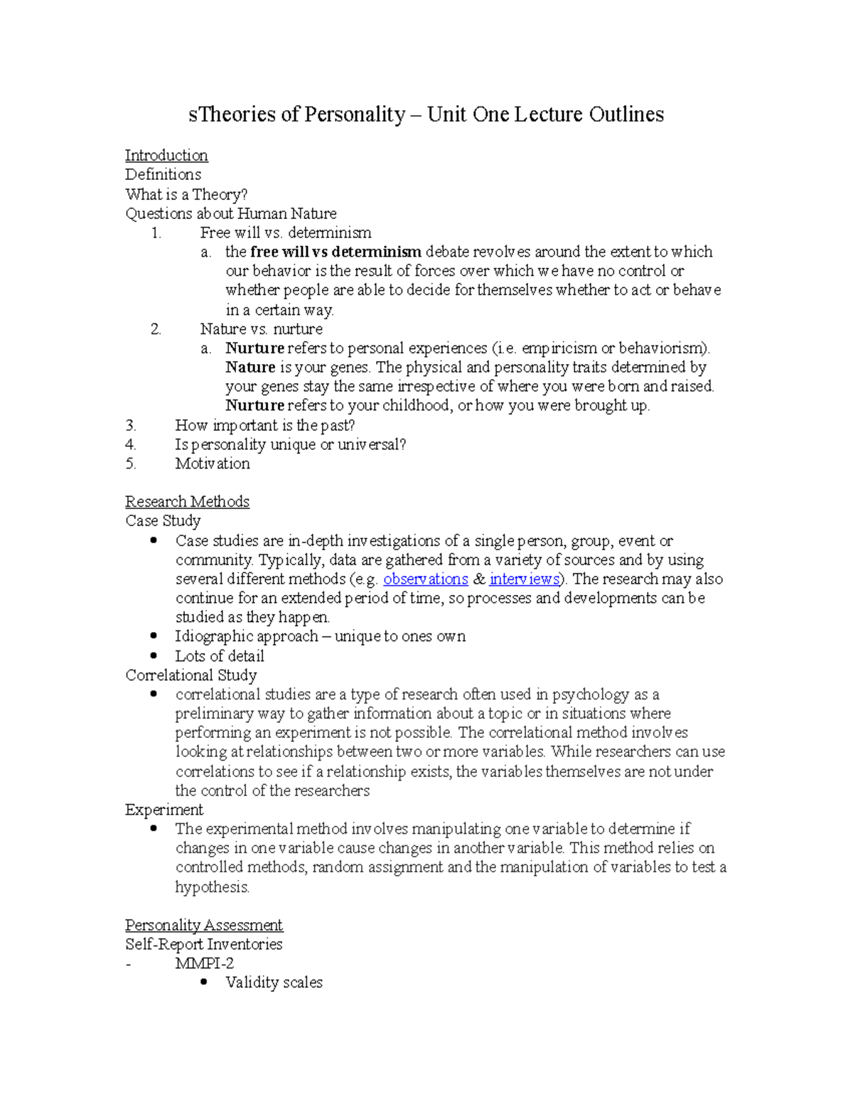 Unit 1 Outline - PYSCH 3501- Theories of Personality Lecture - K ...