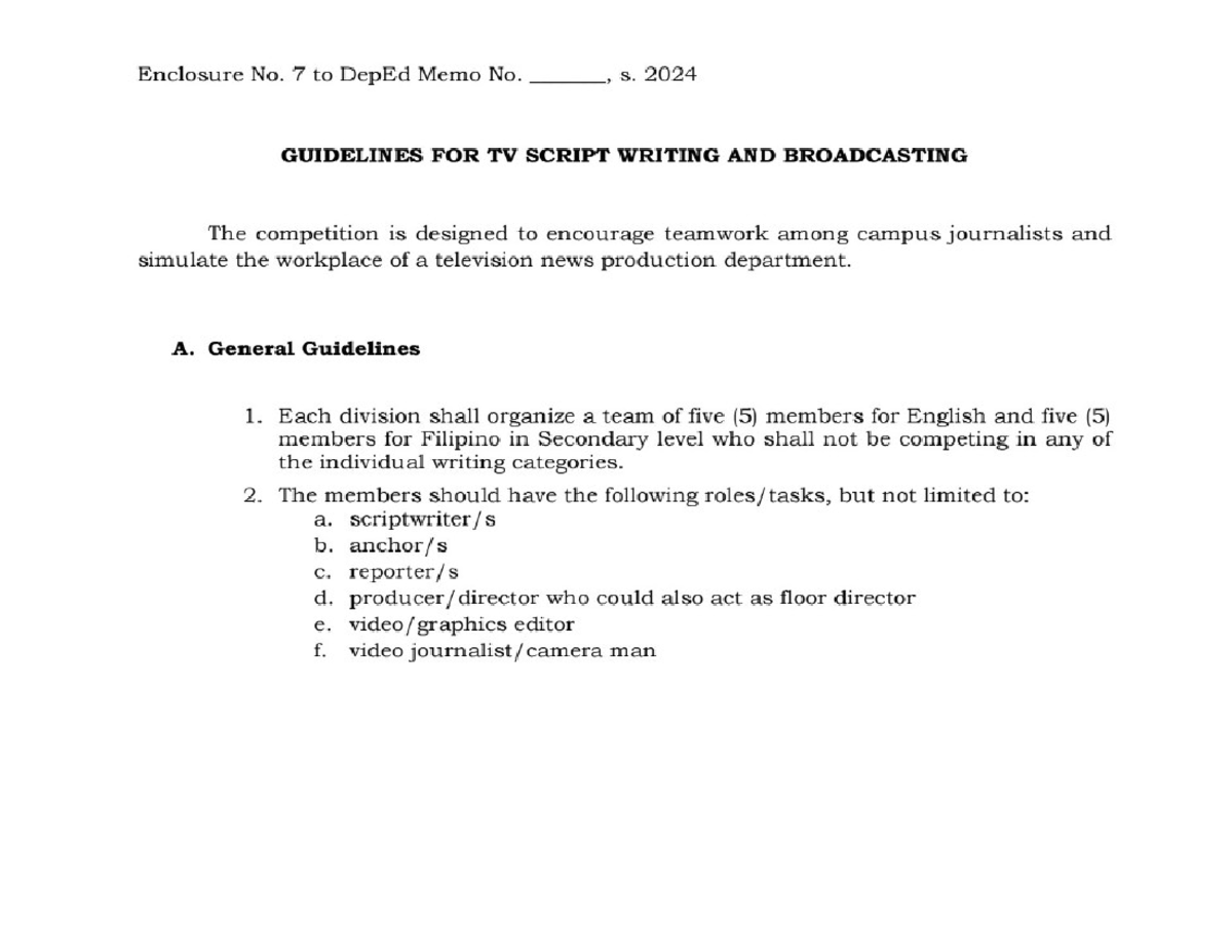 Guidelines for TV Scriptwriting and Broadcasting - Intro to ...