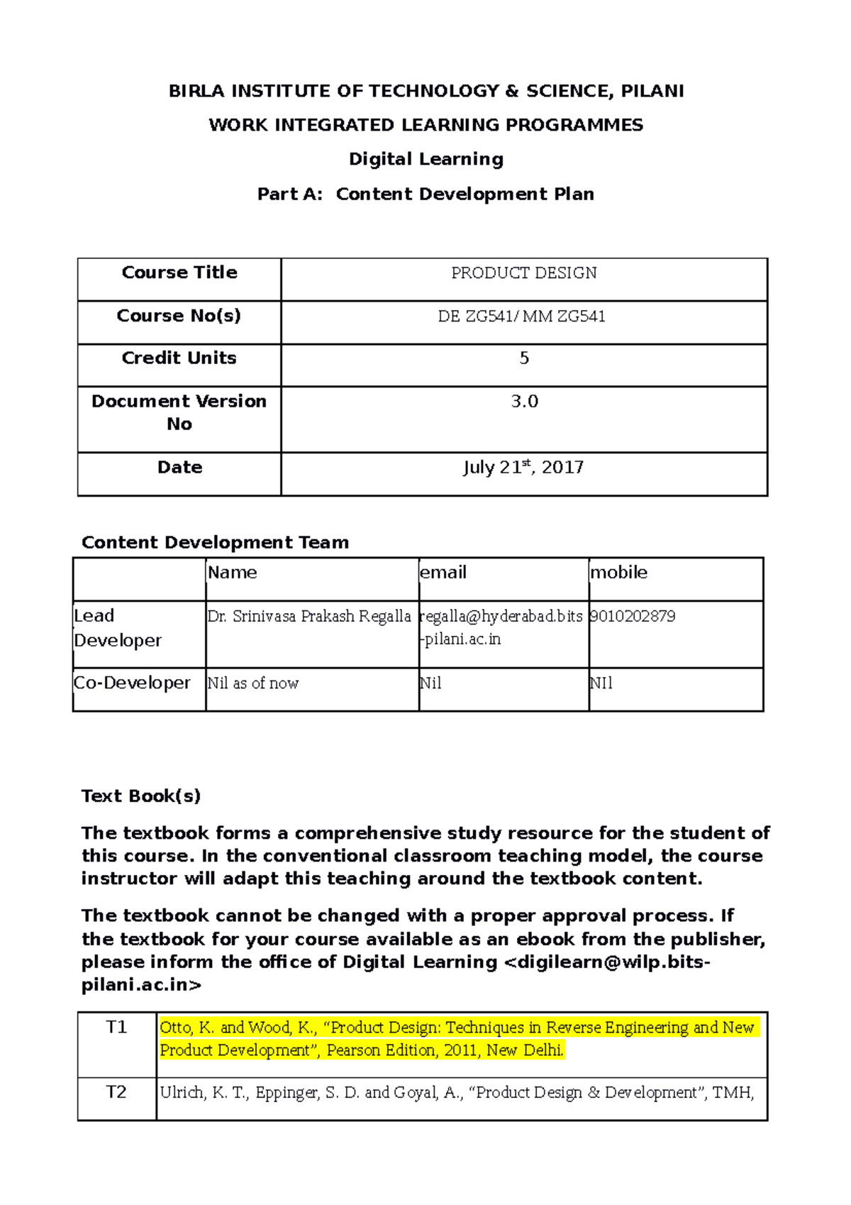 Course Handout - Product Design - BIRLA INSTITUTE OF TECHNOLOGY & SCIENCE, PILANI WORK - Studocu