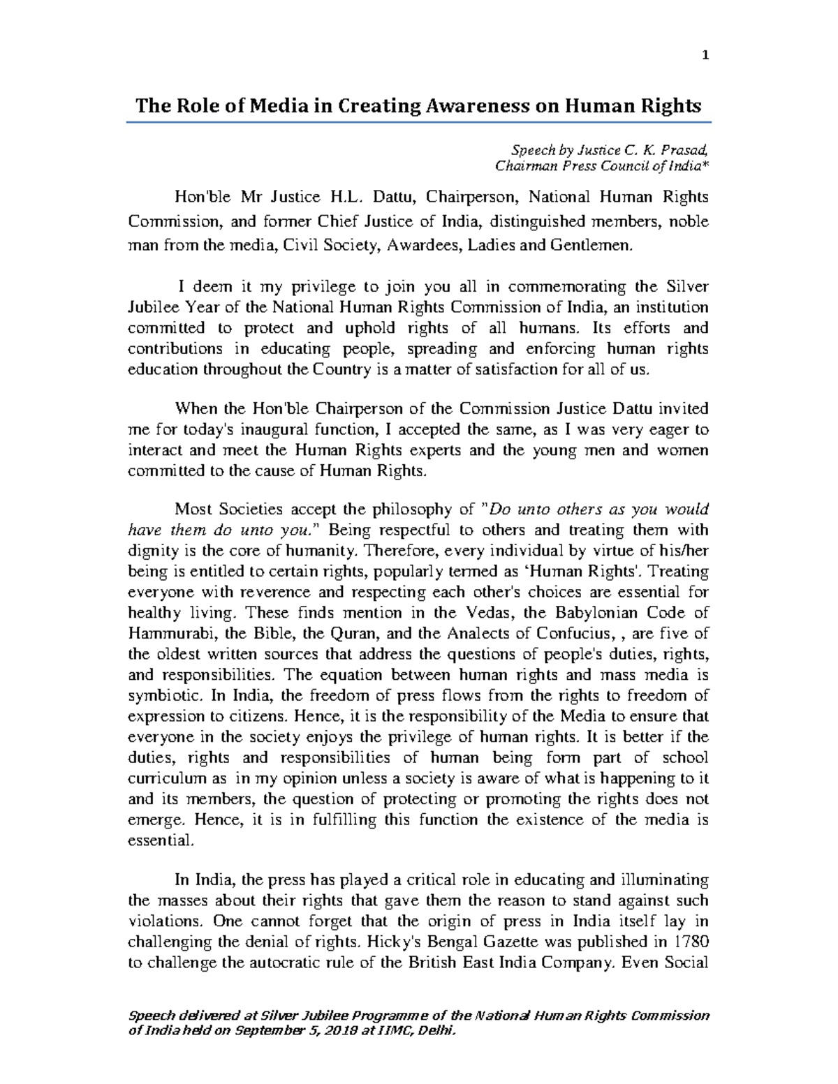 Media & Human Rights - Speech delivered at Silver Jubilee Programme of ...
