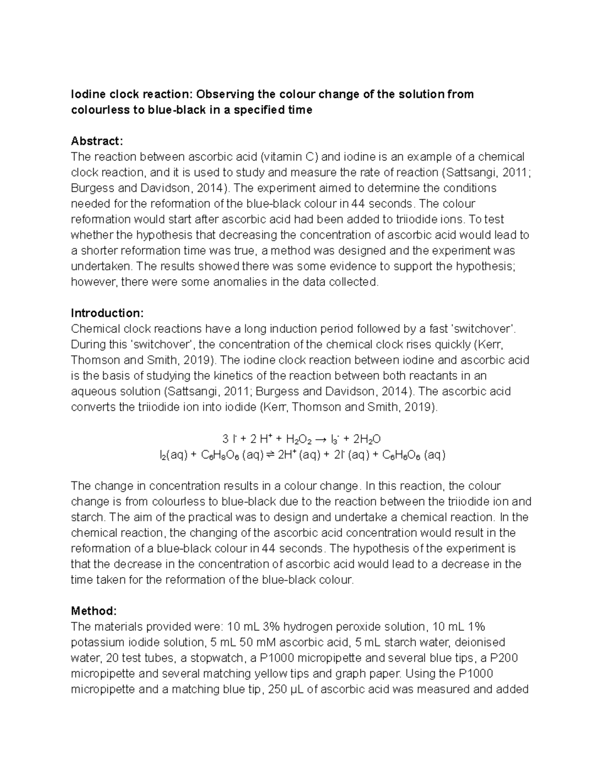 Critical skills report-Iodine clock reaction Observing the colour ...