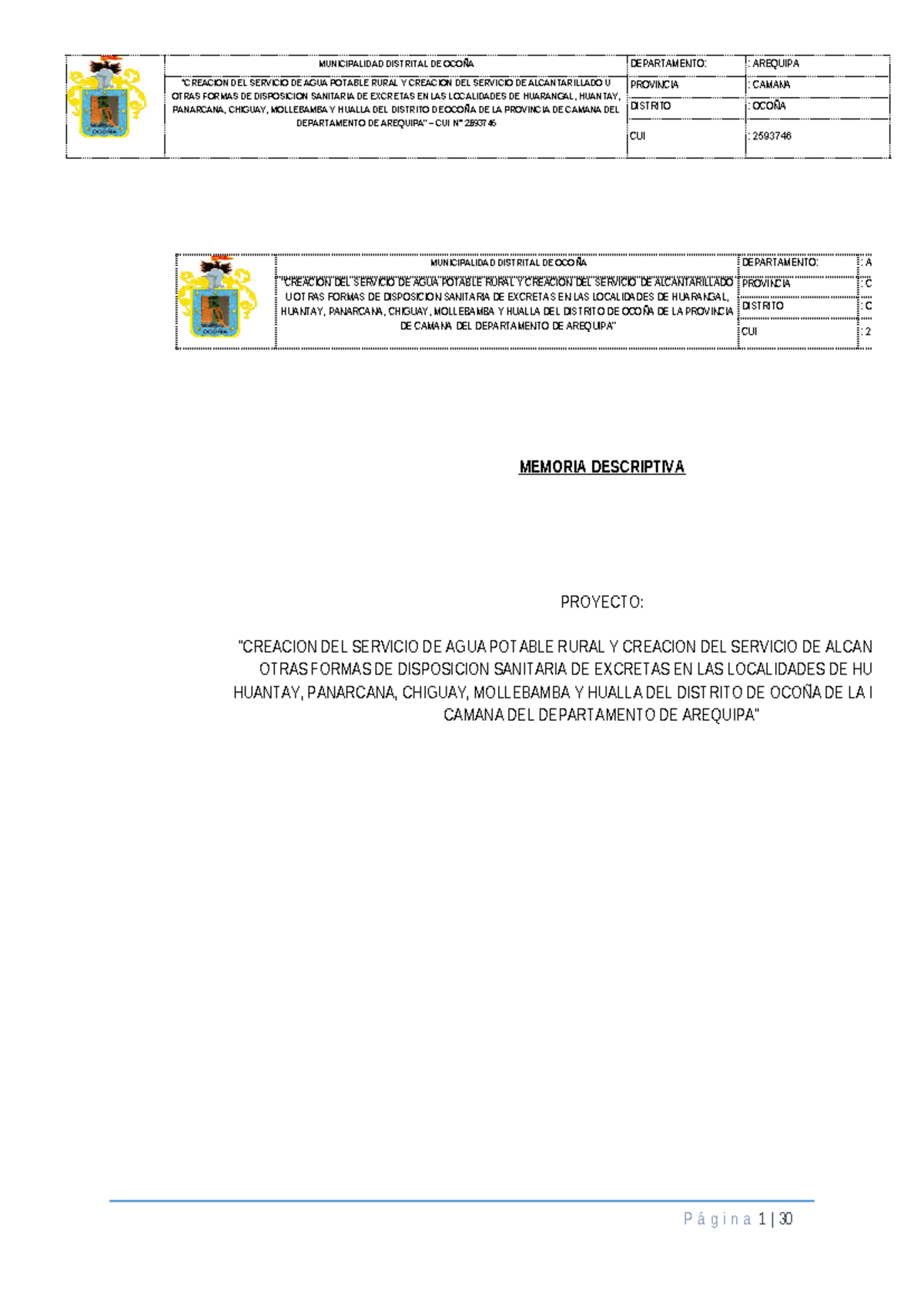 Memoria Descriptiva Editar - “CREACION DEL SERVICIO DE AGUA POTABLE RURAL Y CREACION DEL ...