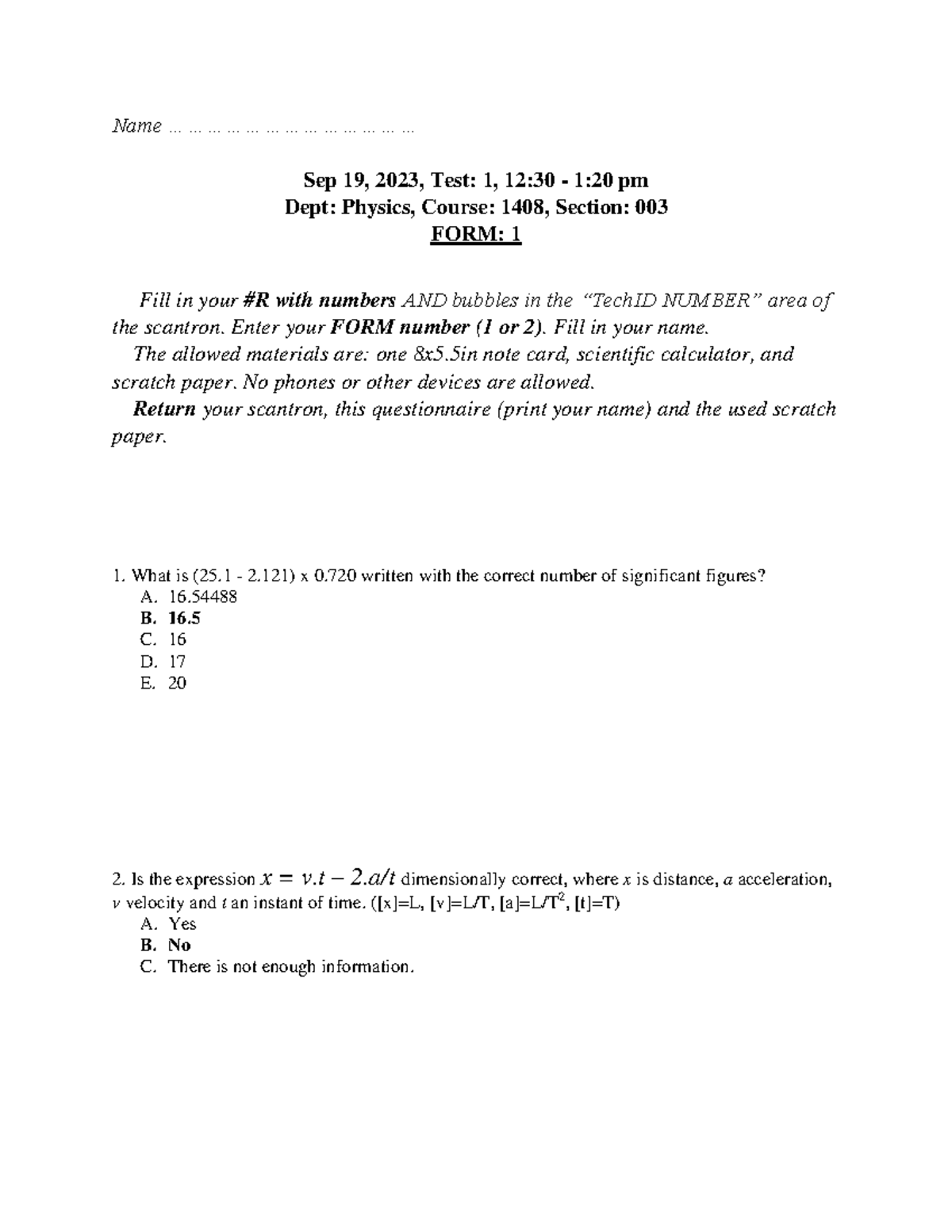 PHYS1408-003 Exam1 Answ 2023Fall Form1 - Name ...
