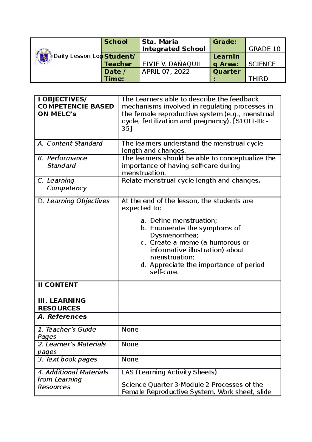DLL in Science 10 ( Menstruation) 2 - School Sta. Maria Integrated ...