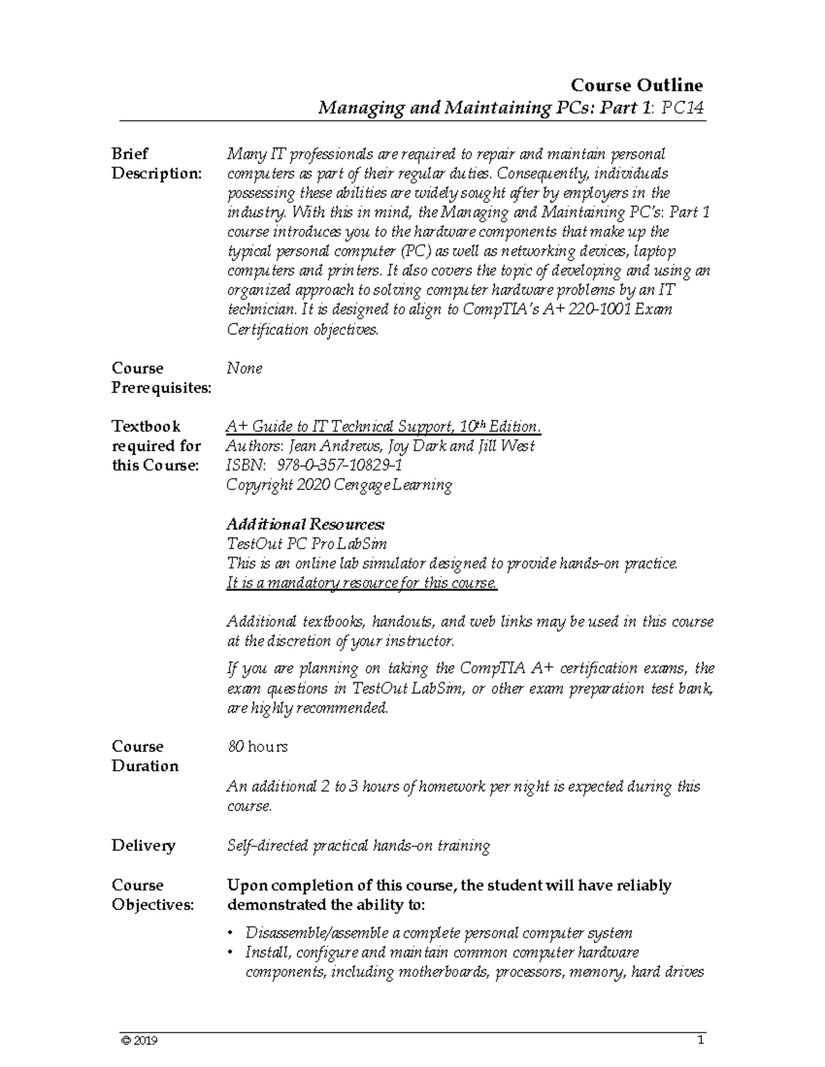 PC14 v2-0 Course Outline 2019-0430 - Managing and Maintaining PCs: Part ...