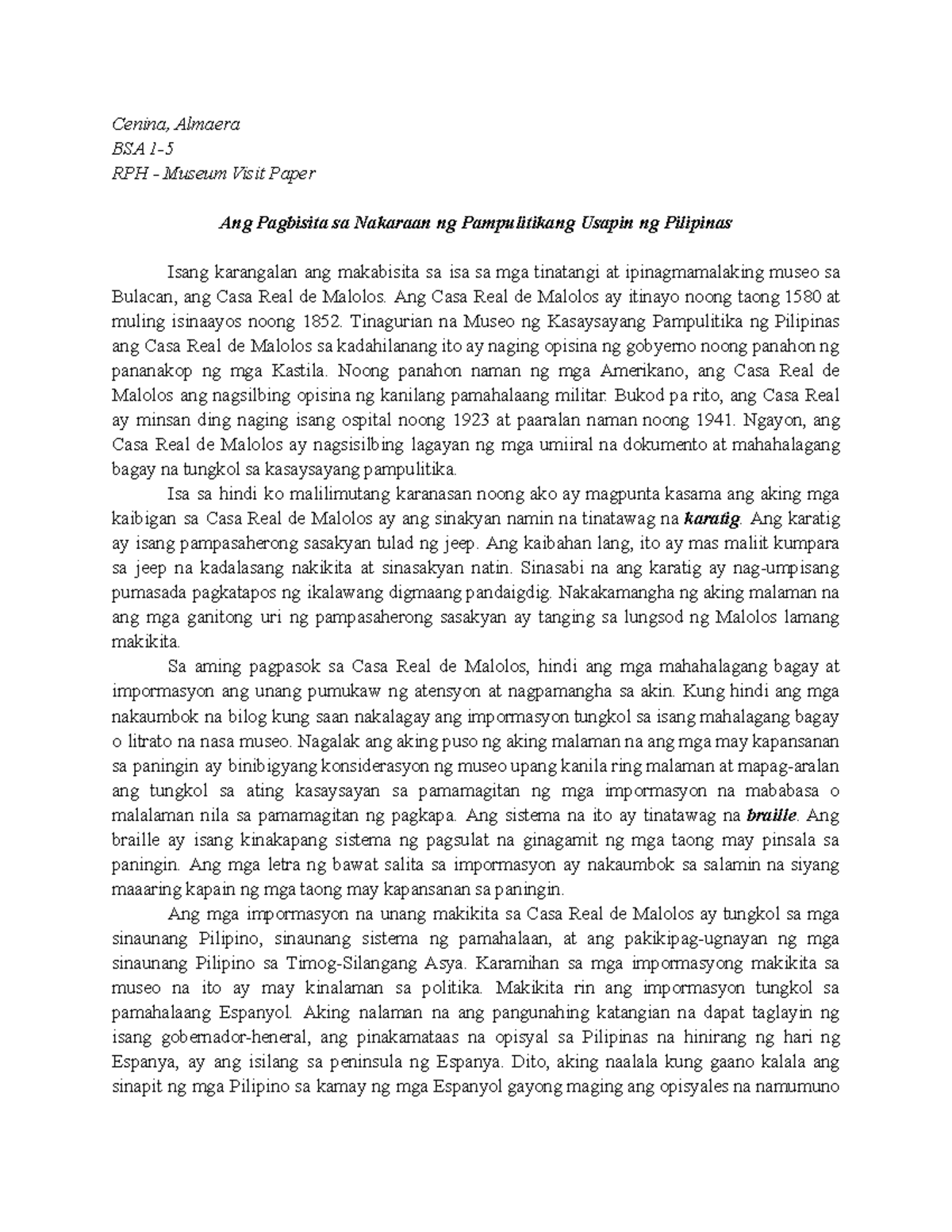 Cenina Almaera Museum Visit Paper - Cenina, Almaera BSA 1- RPH - Museum ...