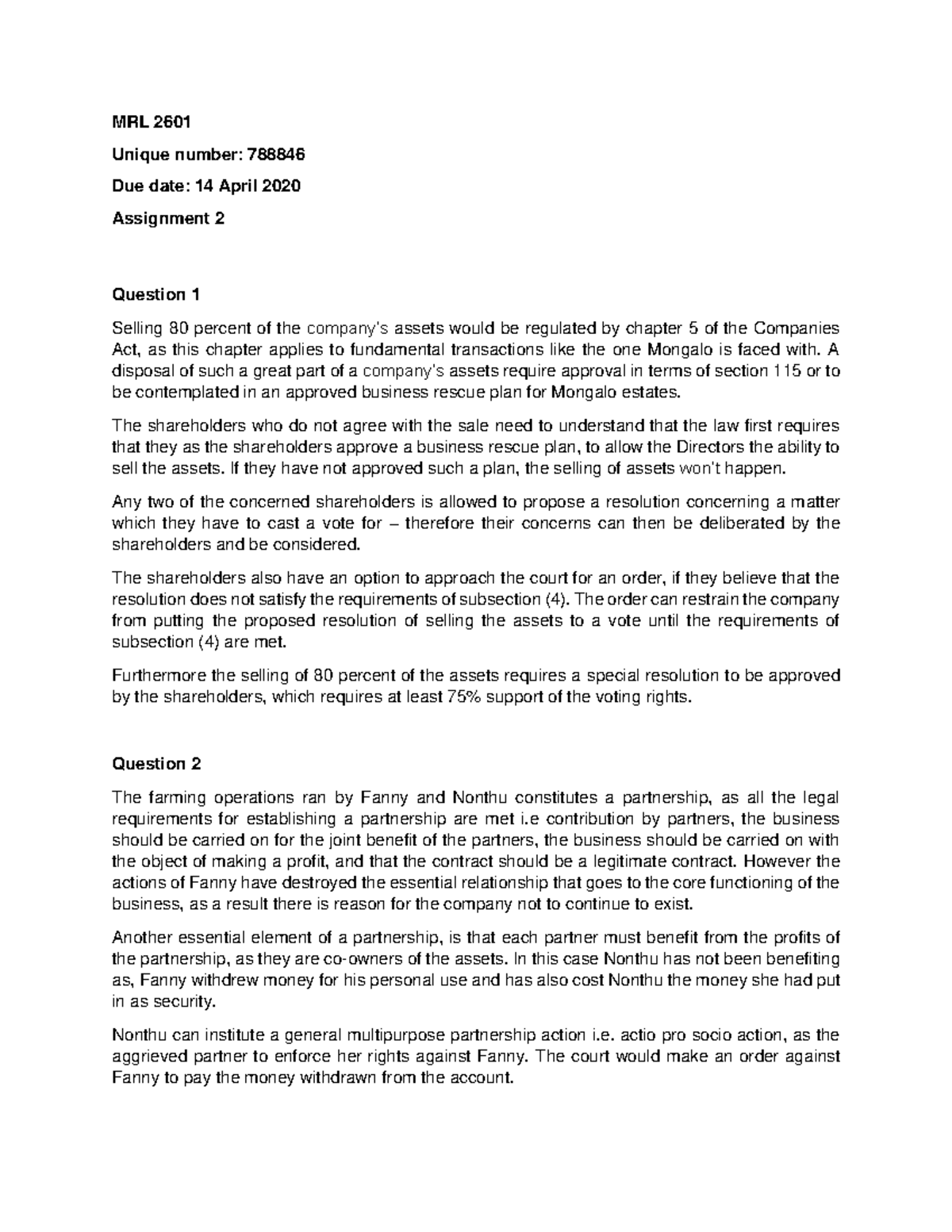 Assignment 2 MRL 2601 - MRL 2601 Unique number: 788846 Due date: 14 ...