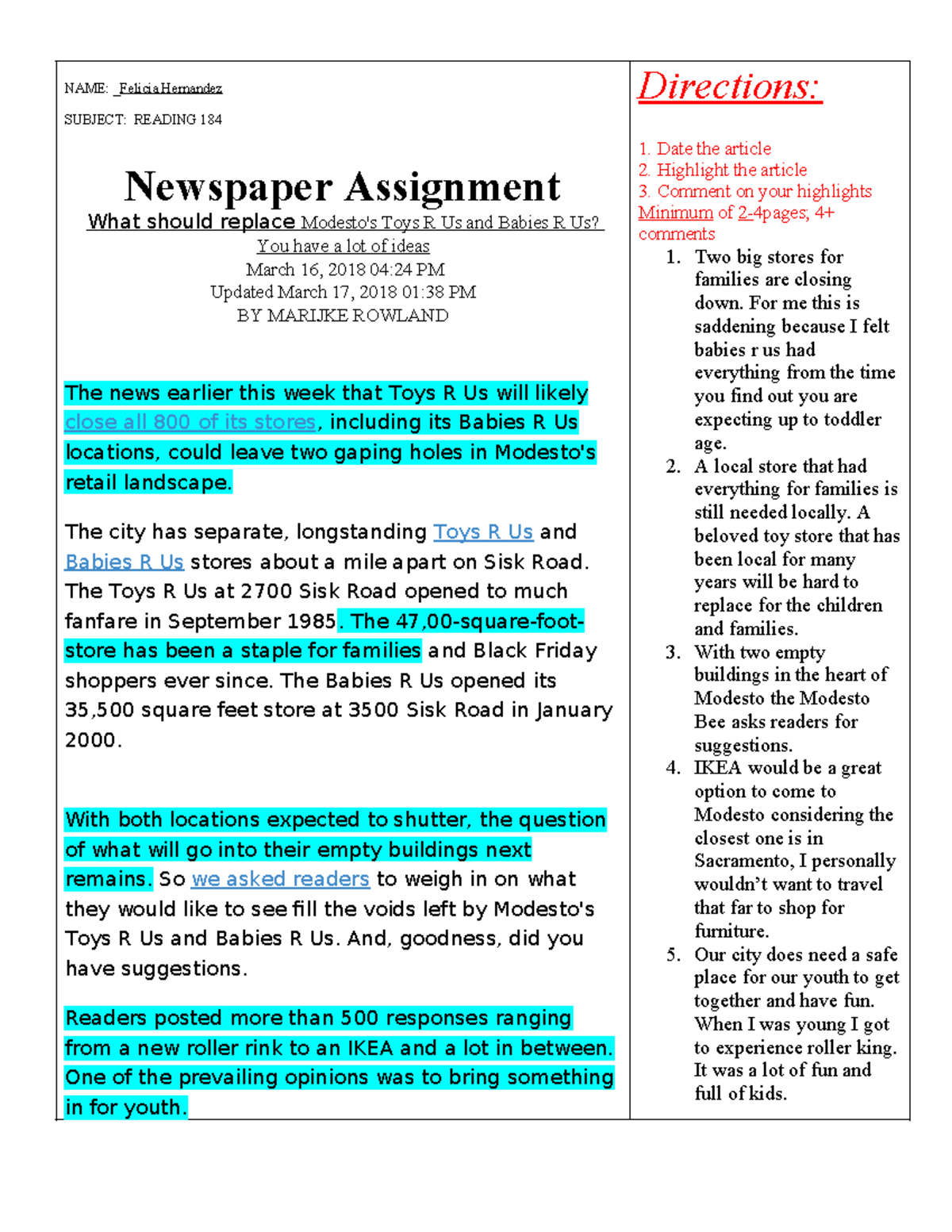 Newspaper Project Read 184 - NAME: _Felicia Hernandez SUBJECT: READING ...