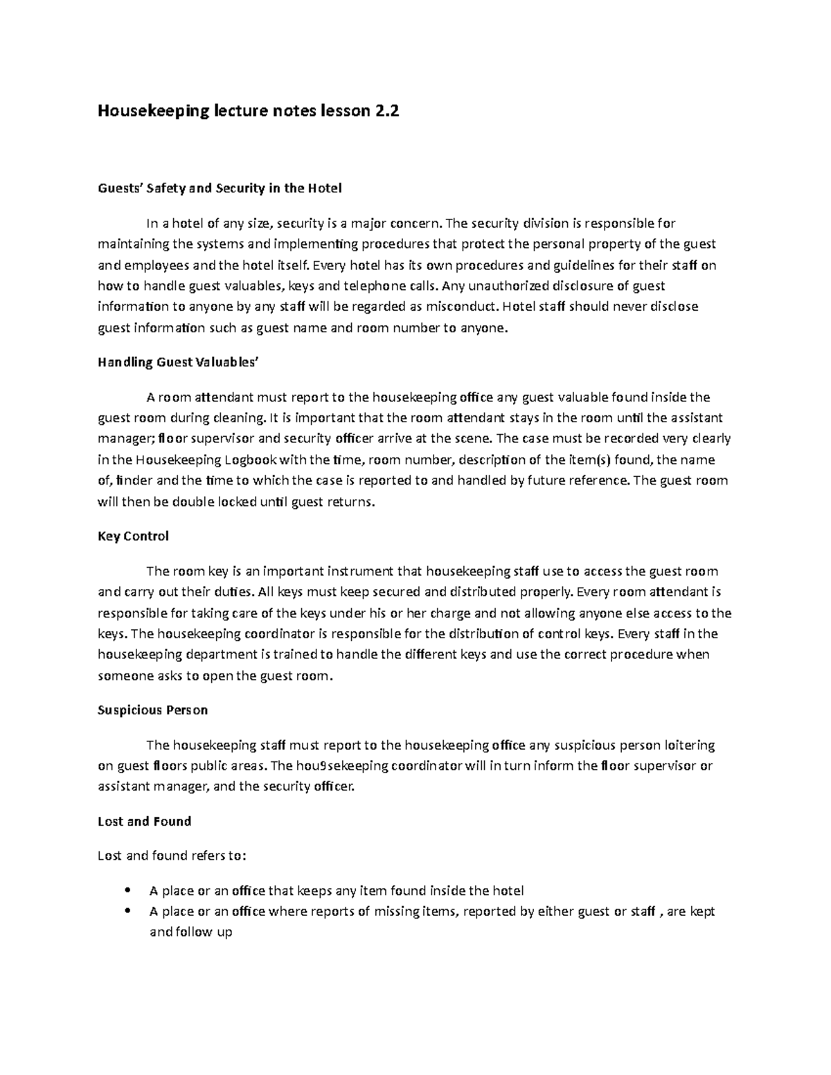 Housekeeping lecture notes lesson 2 - Guests’ Safety and Security in ...