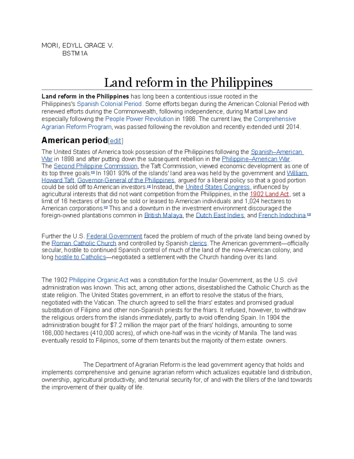 Land reform of the philippine history - MORI, EDYLL GRACE V. BSTM1A ...