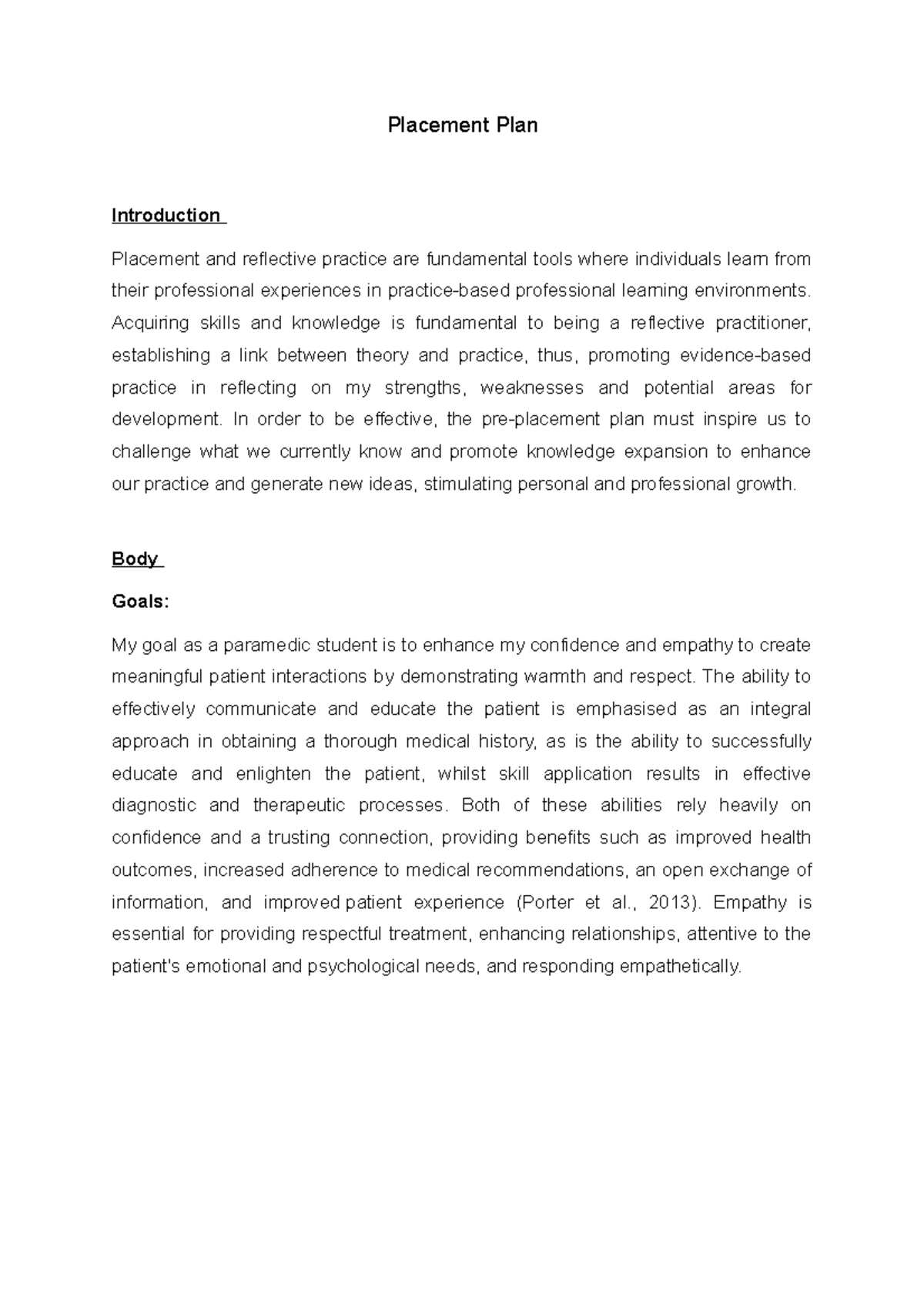 Placement Plan - Placement Plan Introduction Placement and reflective ...