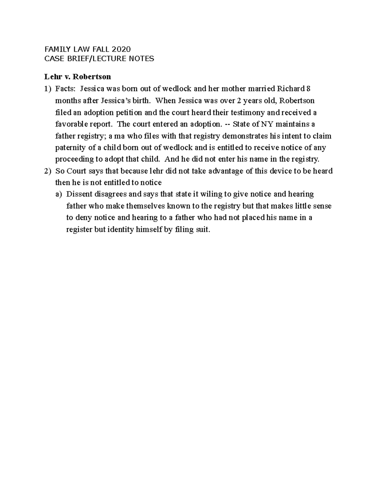 Lehr v. Robertson - Lecture notes 15 - FAMILY LAW FALL 2020 CASE BRIEF ...