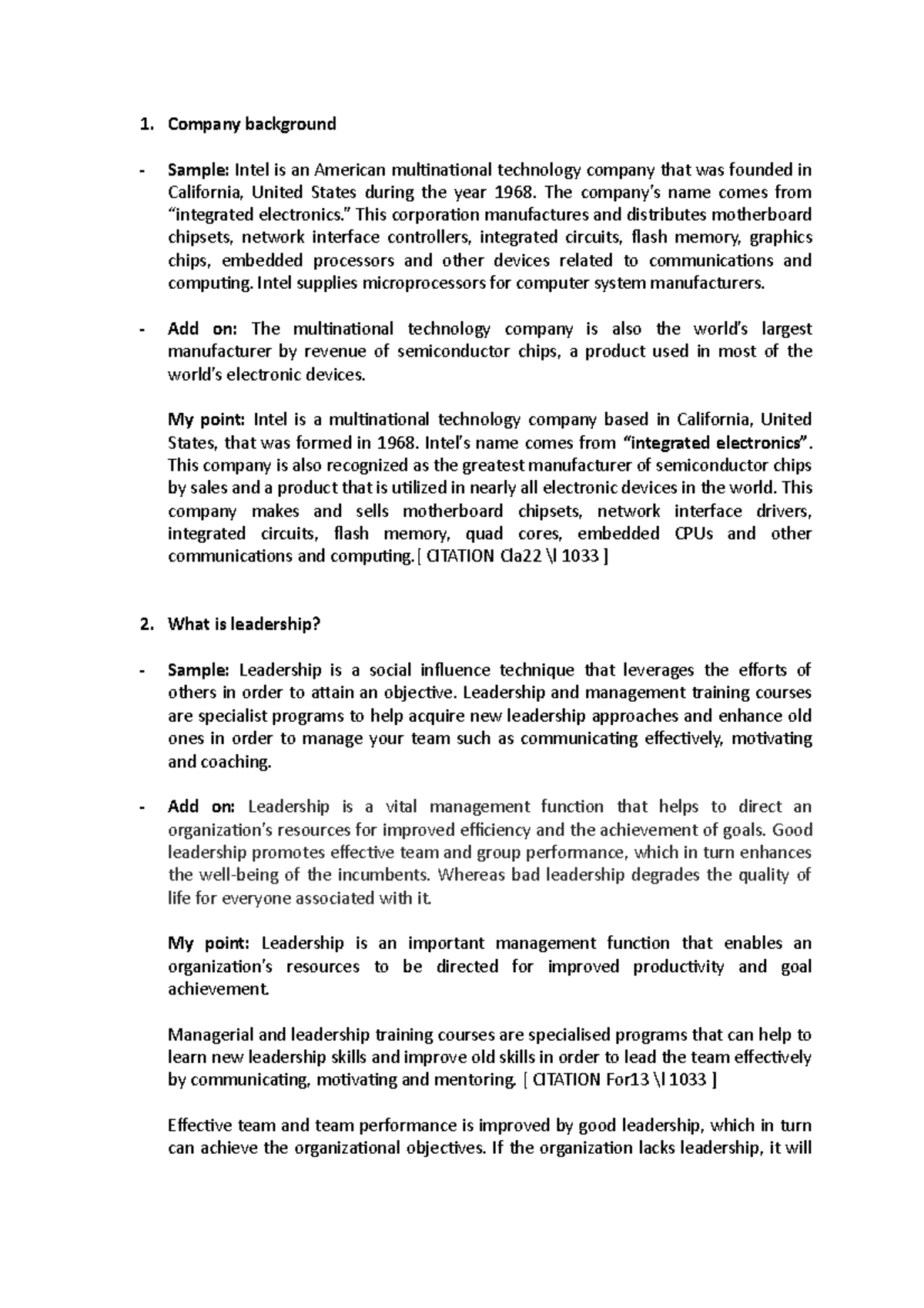 MGT10002 Presentation Points - 1. Company background - Sample: Intel is ...