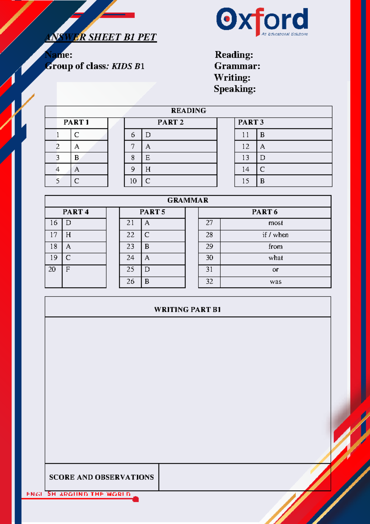PET FOR Schools Answer Sheet - Oxford - IngléS A1.1 - ANSWER SHEET B1 ...