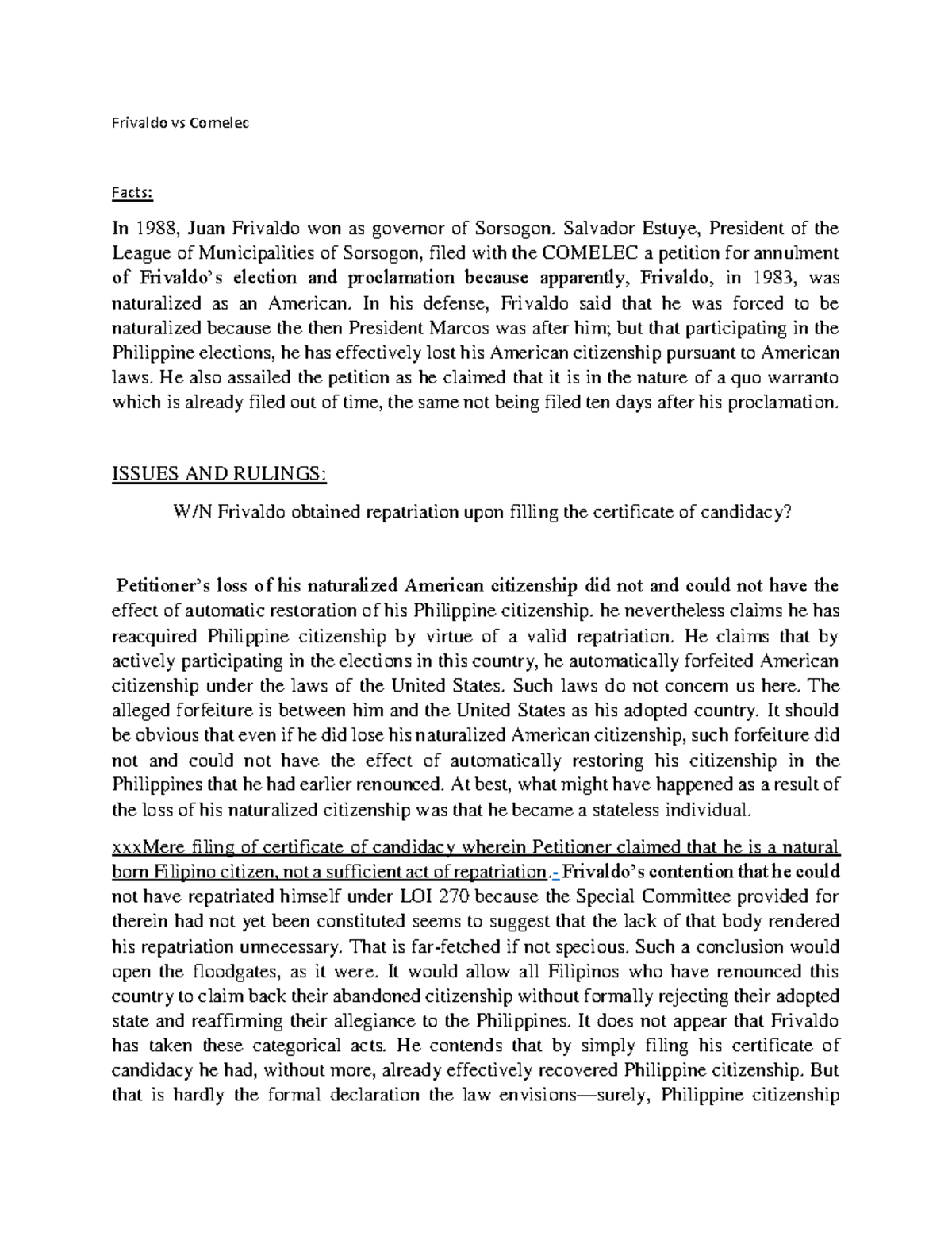Frivaldo vs Comelec - Case Digest about Citizenship - Frivaldo vs ...