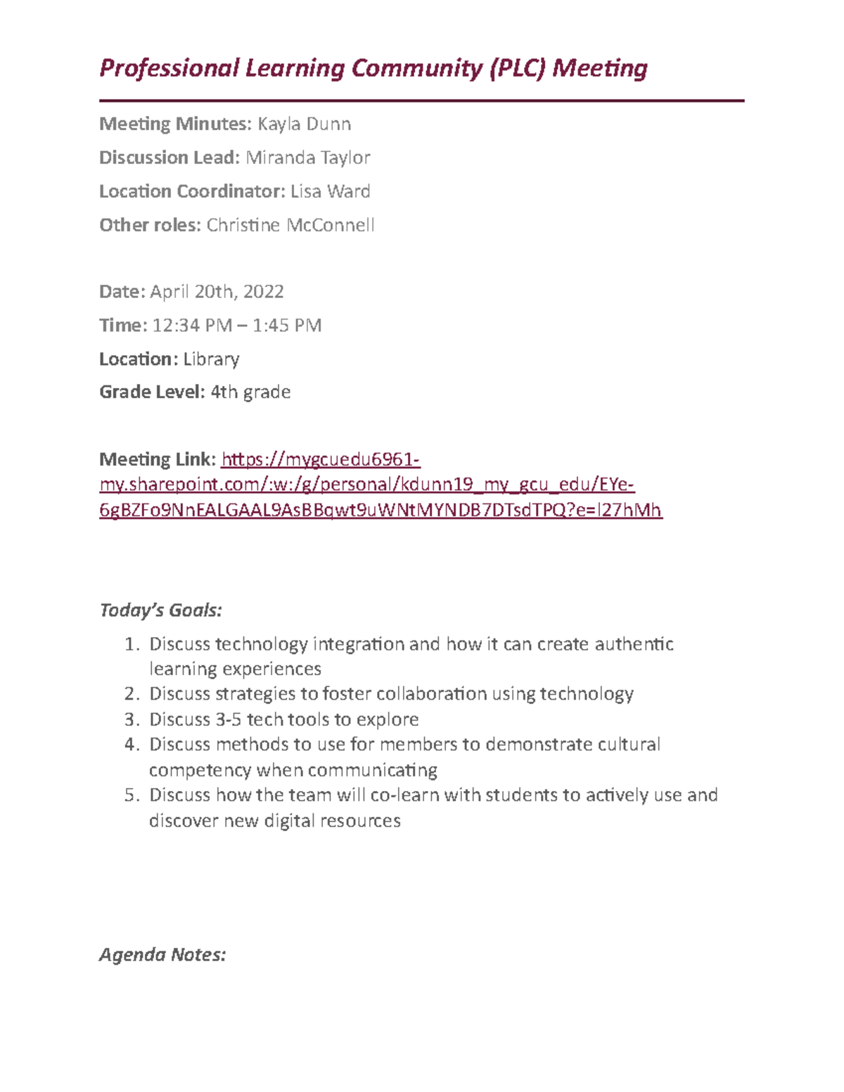 PLC Meeting - Professional Learning Community (PLC) Meeting Meeting ...