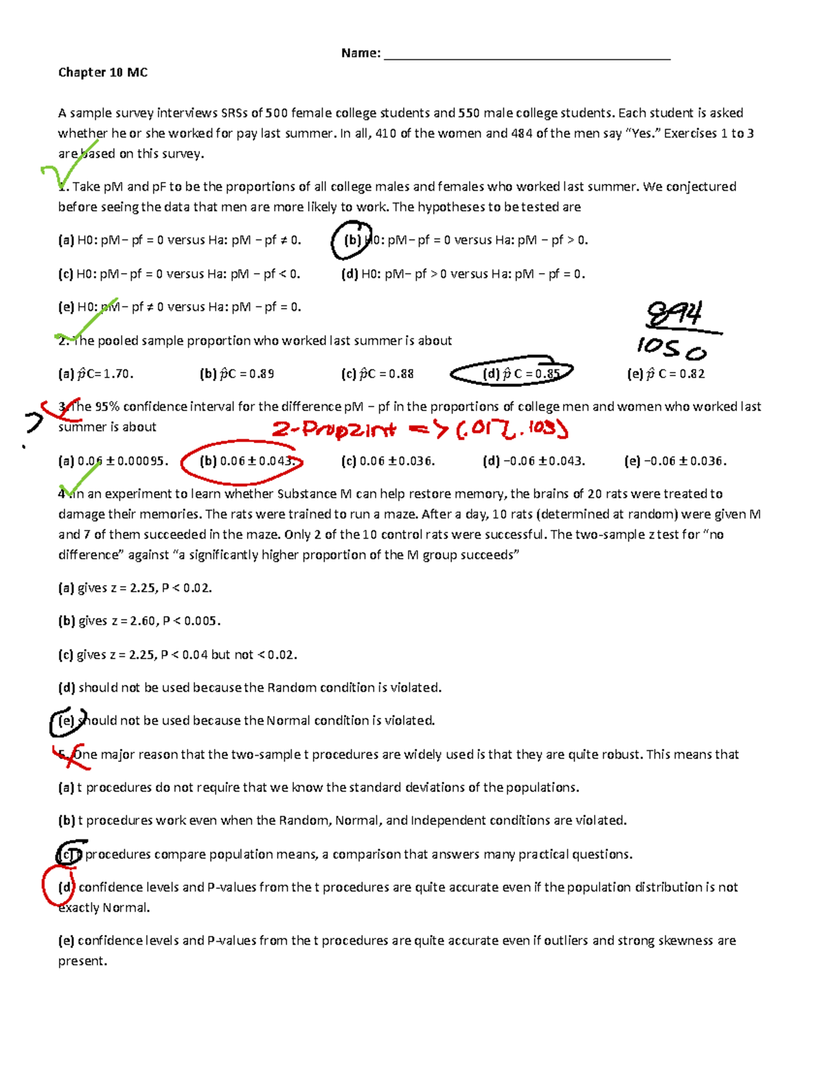 S CH.10 MC Practice - Mrs. Daniel- AP Stats Name