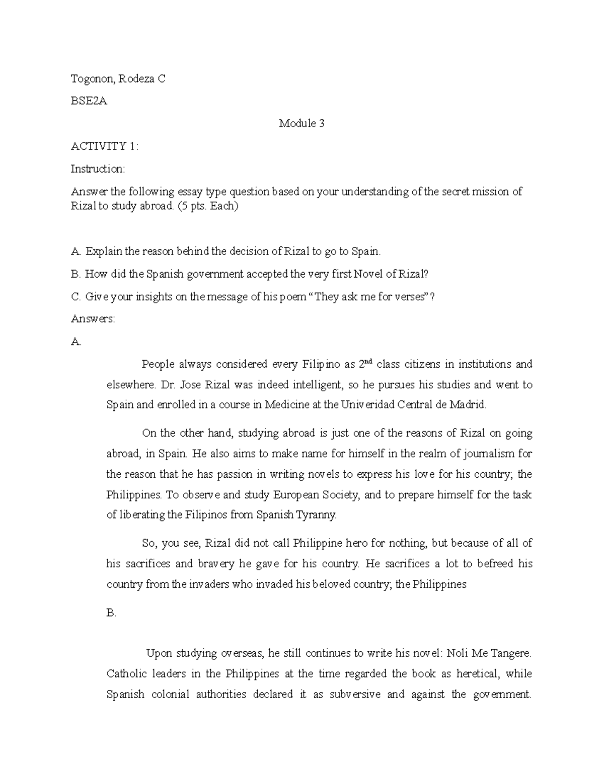 MGA Bwisit NA Activities KO - Togonon, Rodeza C BSE2A Module 3 ACTIVITY ...