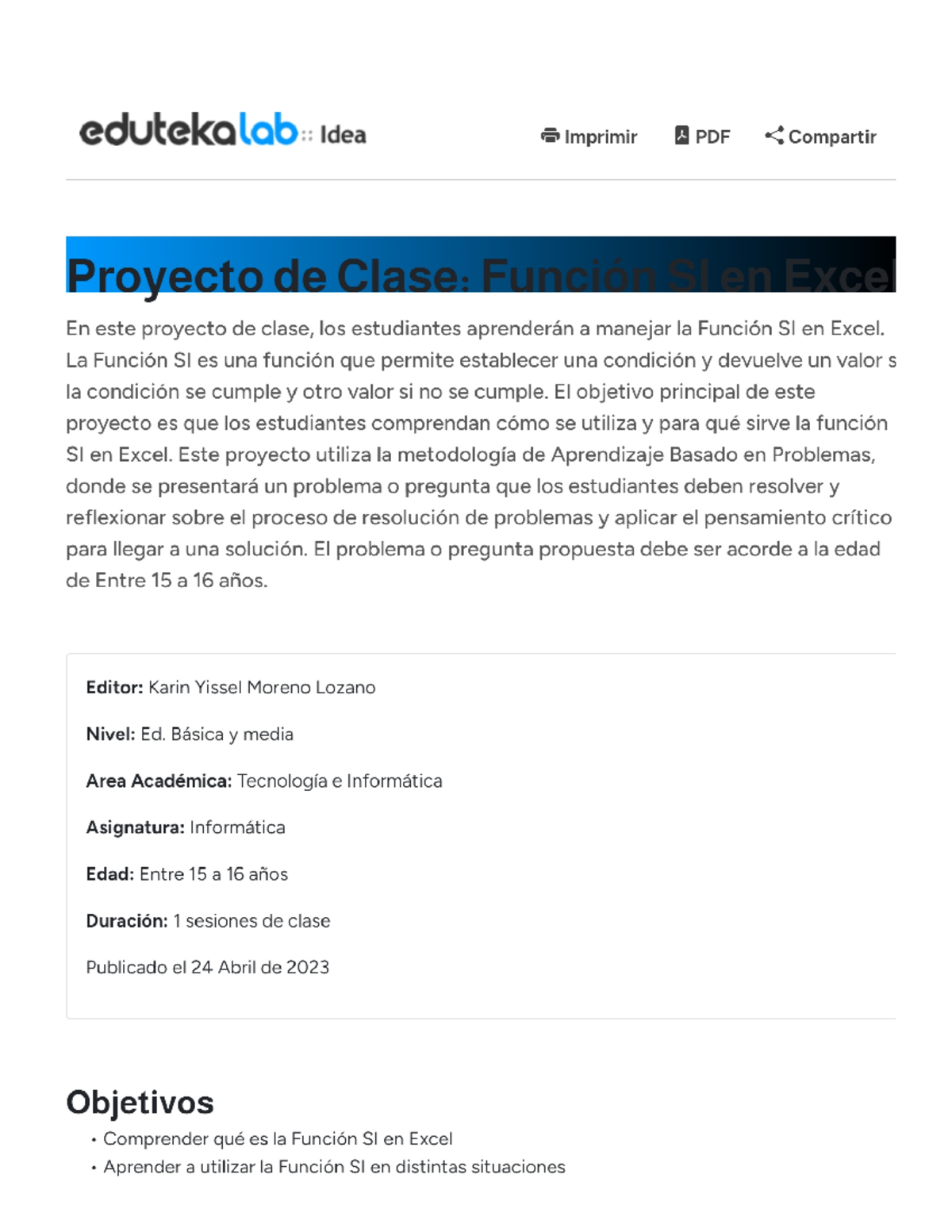Proyecto De Clase Función Si En Excel - edutekalab :: Idea Imprimir PDF ...