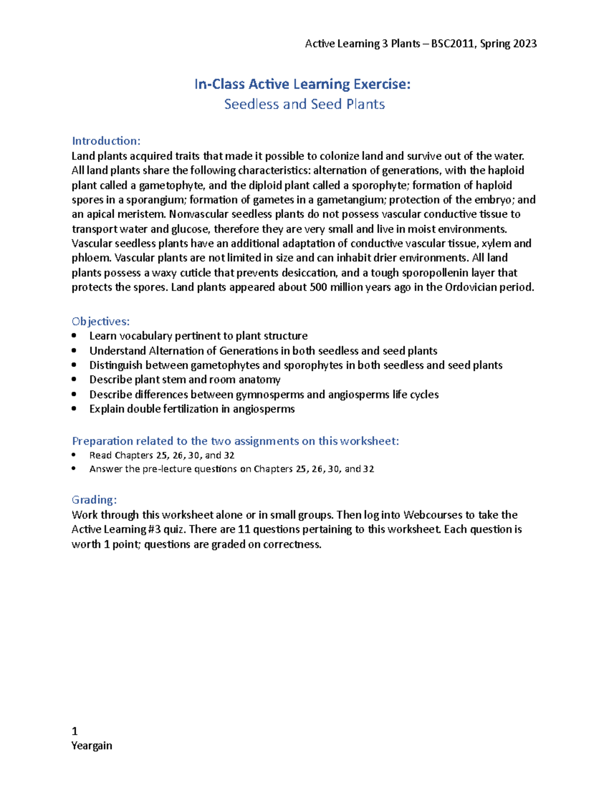 Seedless and seed plants - In-Class Active Learning Exercise: Seedless ...