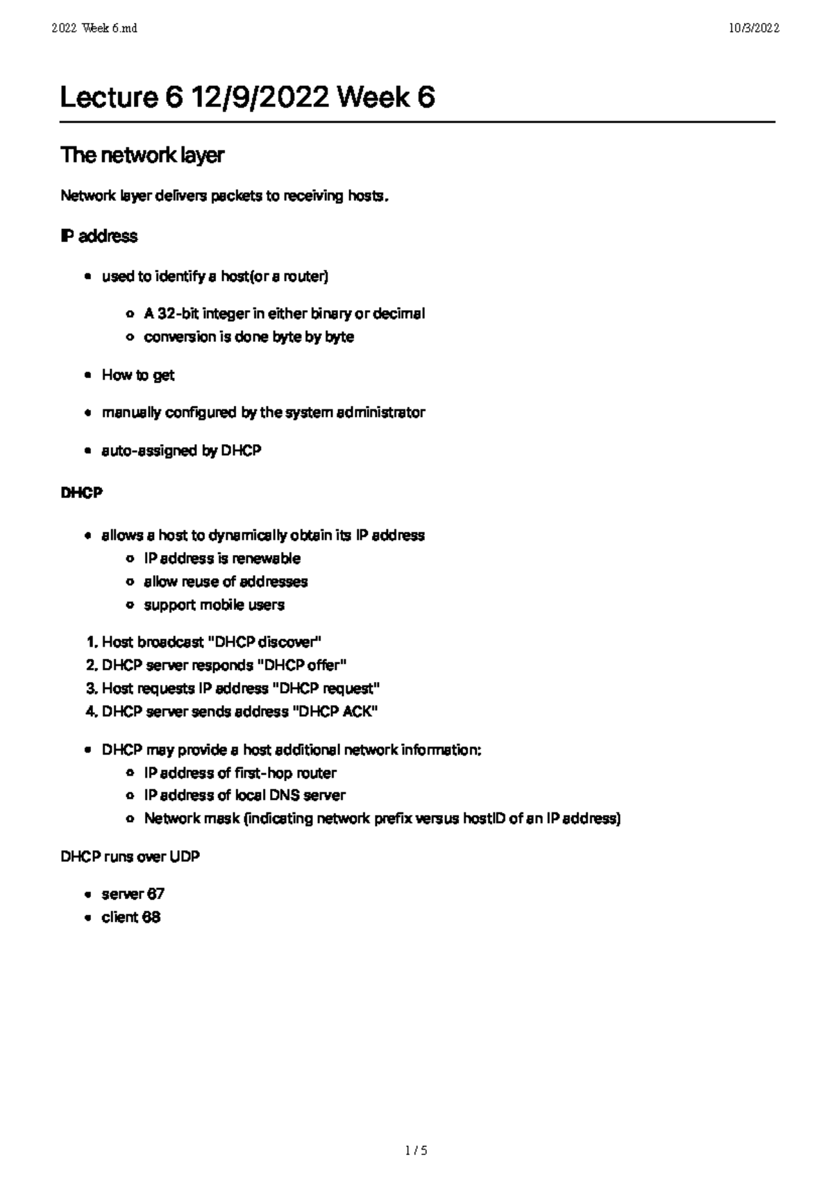 2022 Week 6 - Summary Introduction to Computer Networks - Lecture 6 12/9/2022 Week 6 The network ...