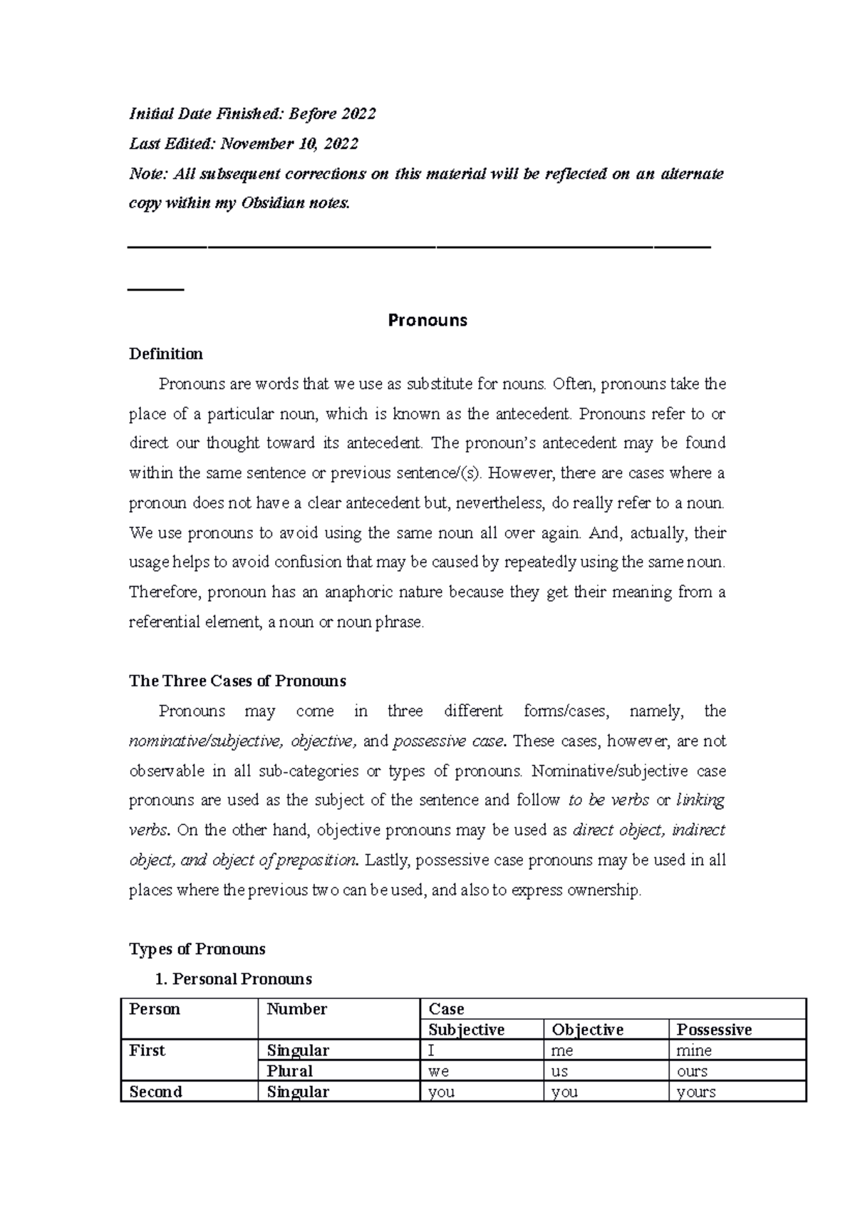 Pronouns - Initial Date Finished: Before 2022 Last Edited: November 10 ...