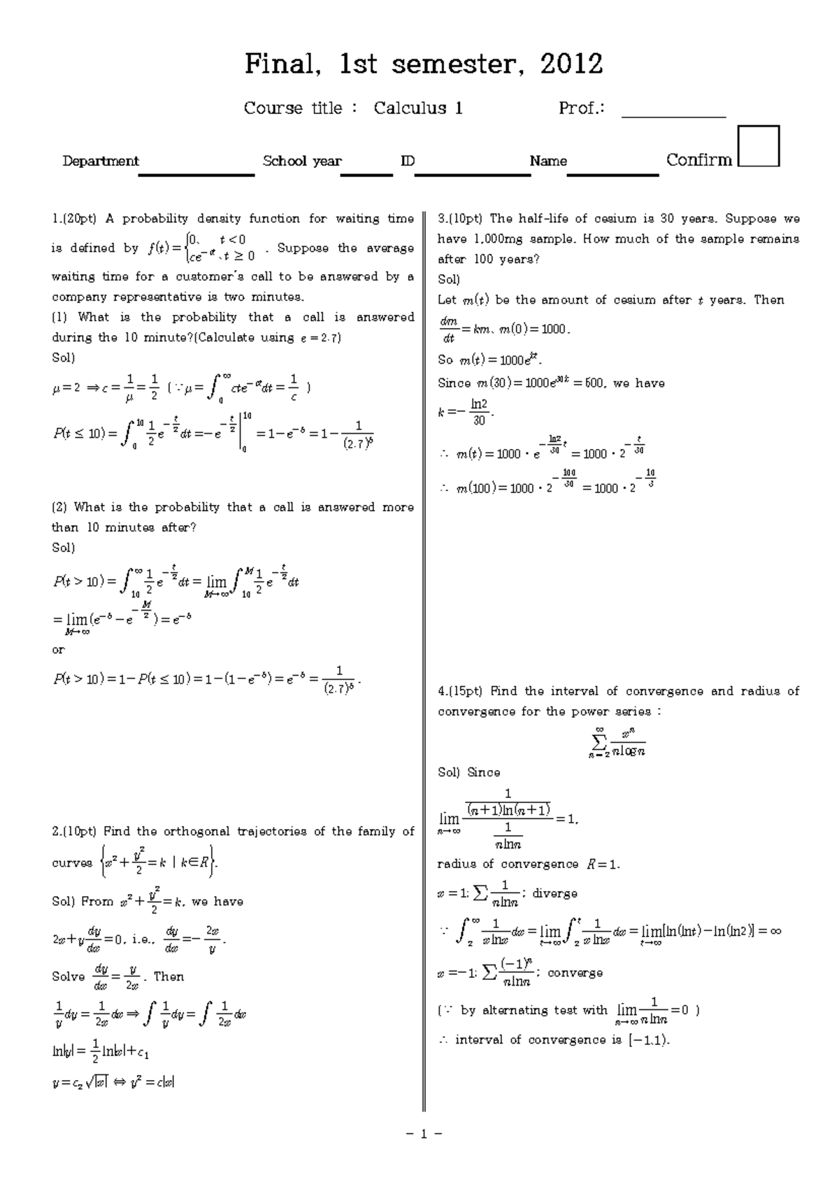 2012 Final Exam - practice examples - Final, 1st semester, 2012 Course ...