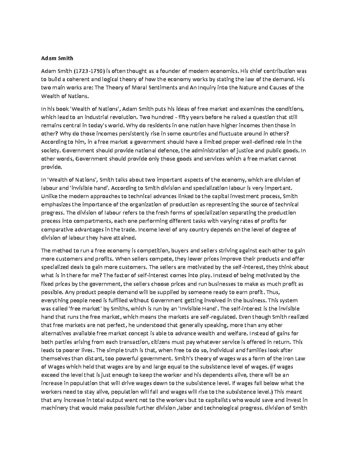 Thought of Adam Smith - Notes - Adam Smith Adam Smith (1723-1790) is ...