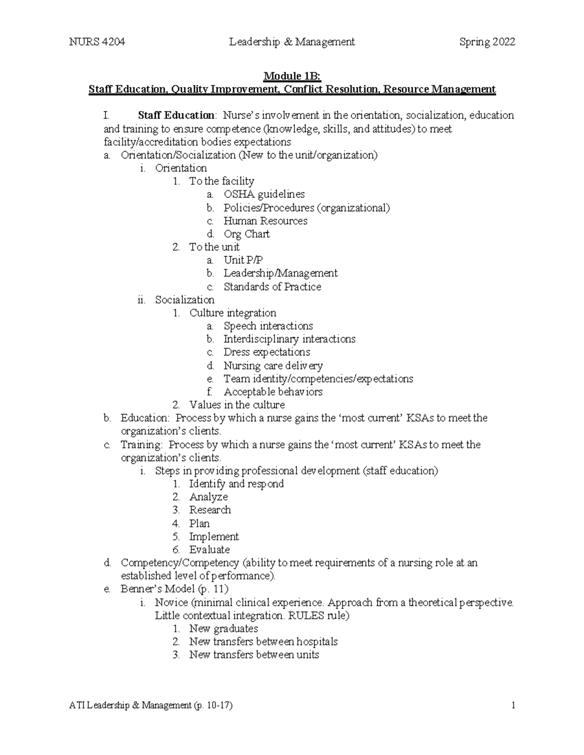 Module 1B Week3 Notes - Module 1B: Staff Education, Quality Improvement ...