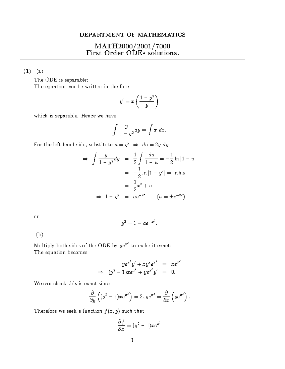 2 First Ordersols - DEPARTMENT OF MATHEMATICS MATH2000/2001/ First ...