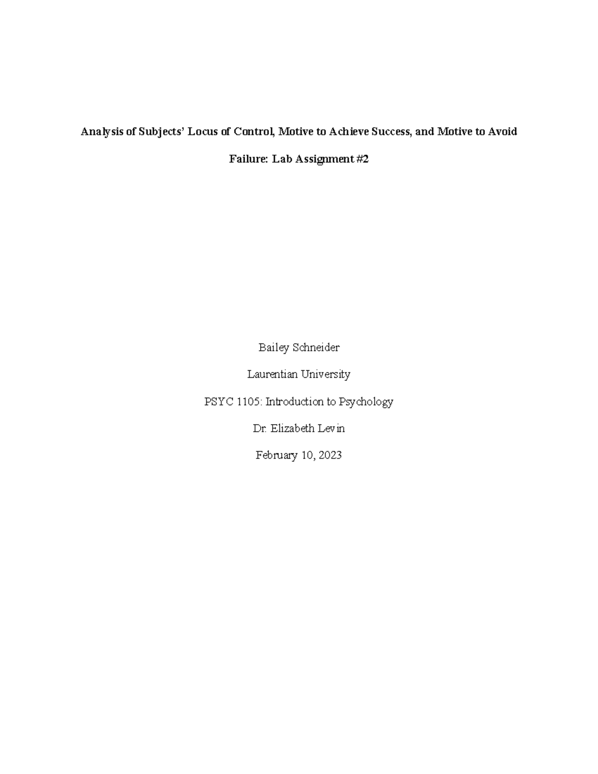 Psychology Lab Assignment #2 - Analysis of Subjects’ Locus of Control ...
