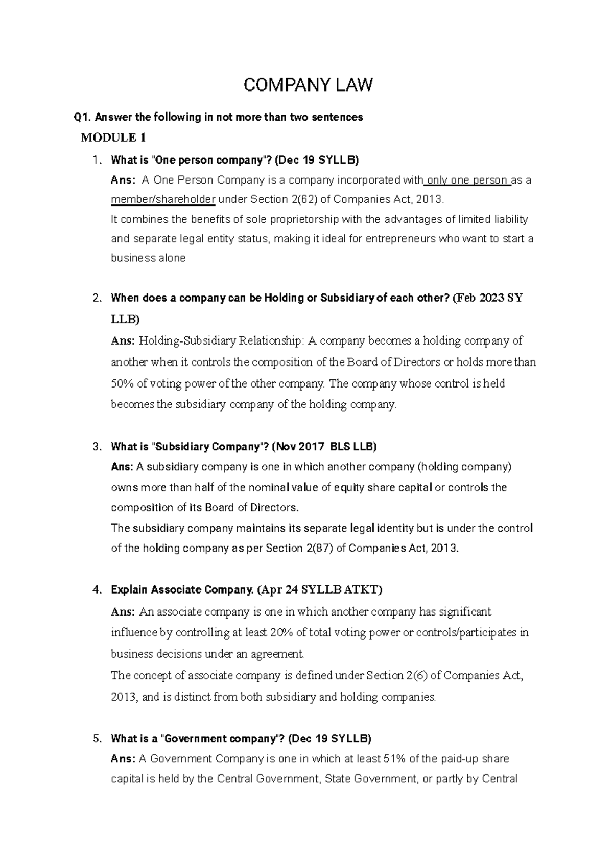 Answer - Q1. Answer the following in not more than two sentences ...