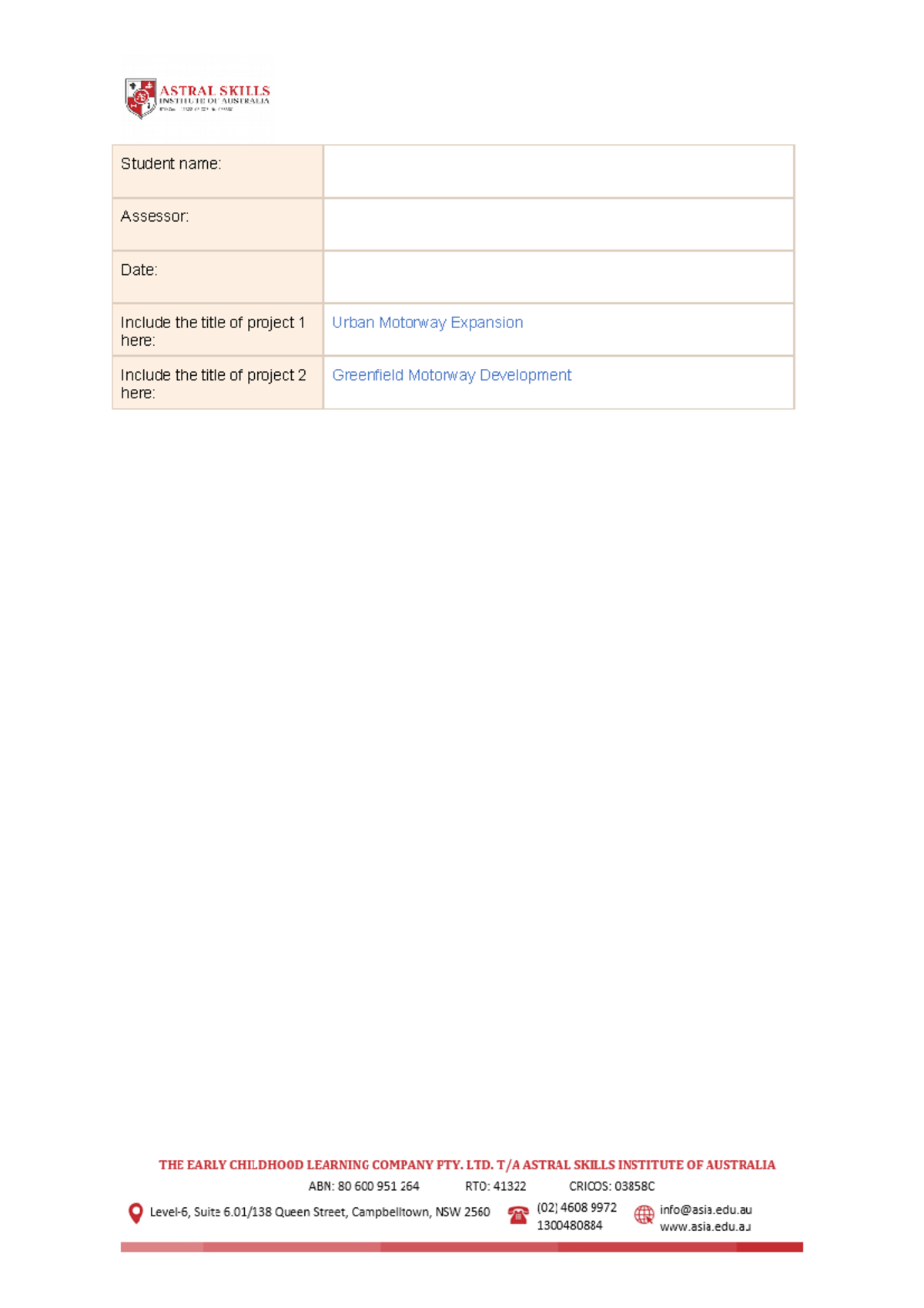Riicwd 512E Project Portfolio - Student name: Assessor: Date: Include the title of project 1 ...
