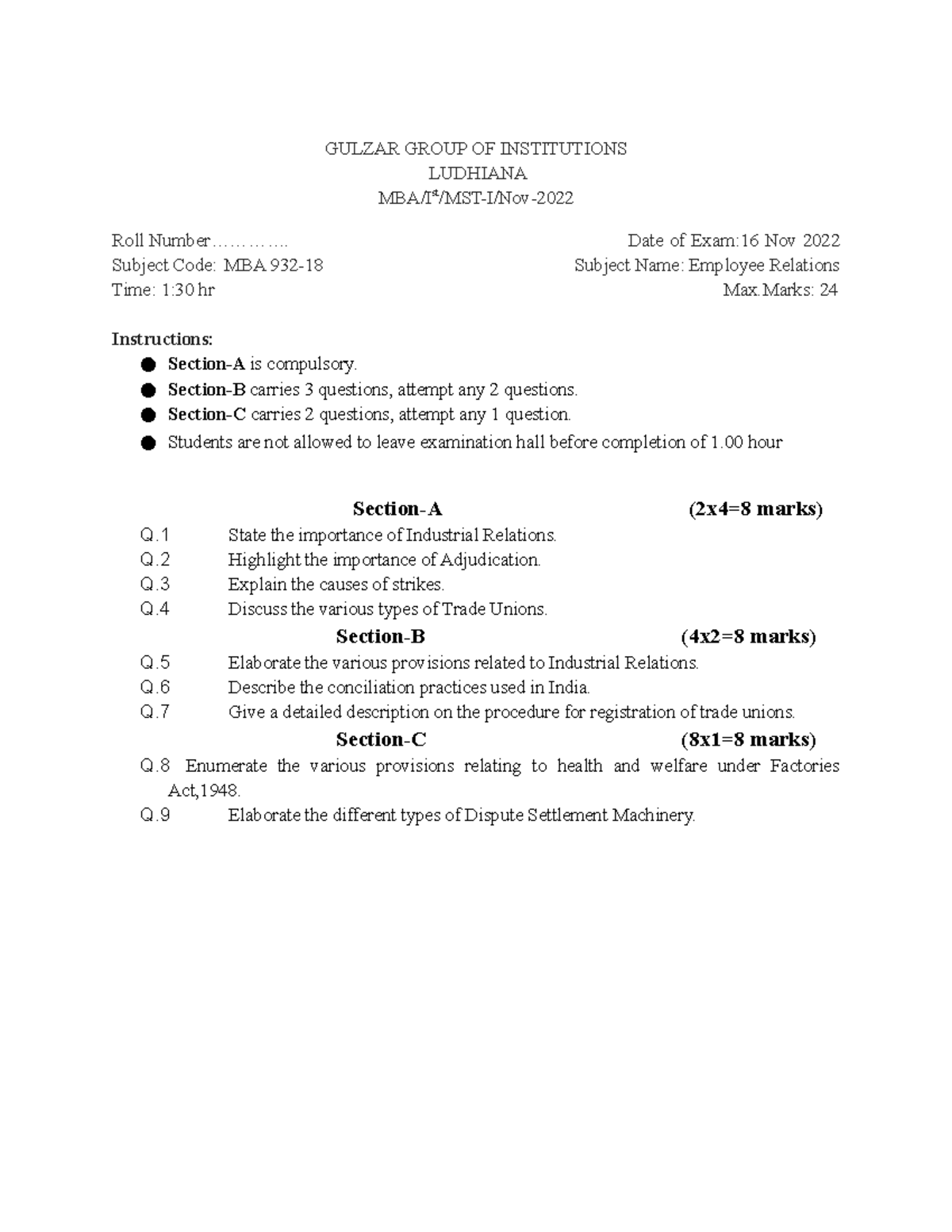 ER MST 1 - question paper - GULZAR GROUP OF INSTITUTIONS LUDHIANA MBA ...