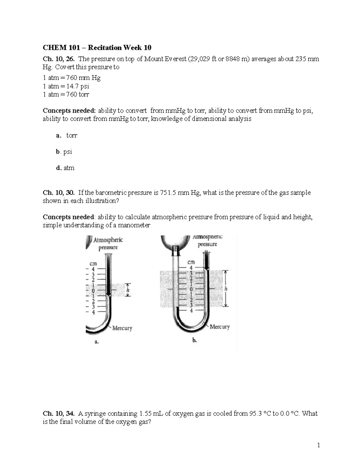 CHEM 101 Recitation Week 10 (1) Answers - CHEM 101 – Recitation Week 10 ...