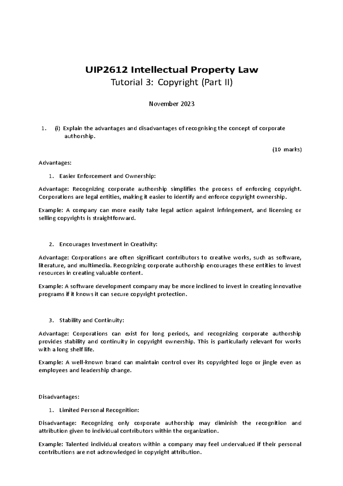 UIP2612 - Tutorial 3 (Copyright II) - Question - UIP2612 Intellectual ...