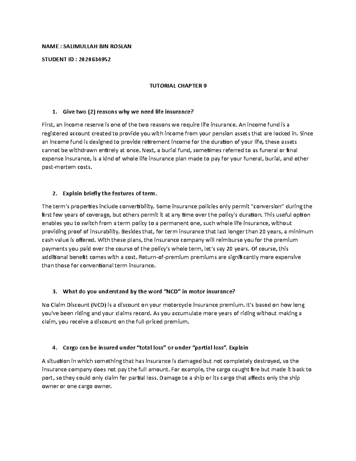 INS200 C9 - tutorial ins - NAME : SALIMULLAH BIN ROSLAN STUDENT ID : 2020634952 TUTORIAL CHAPTER ...