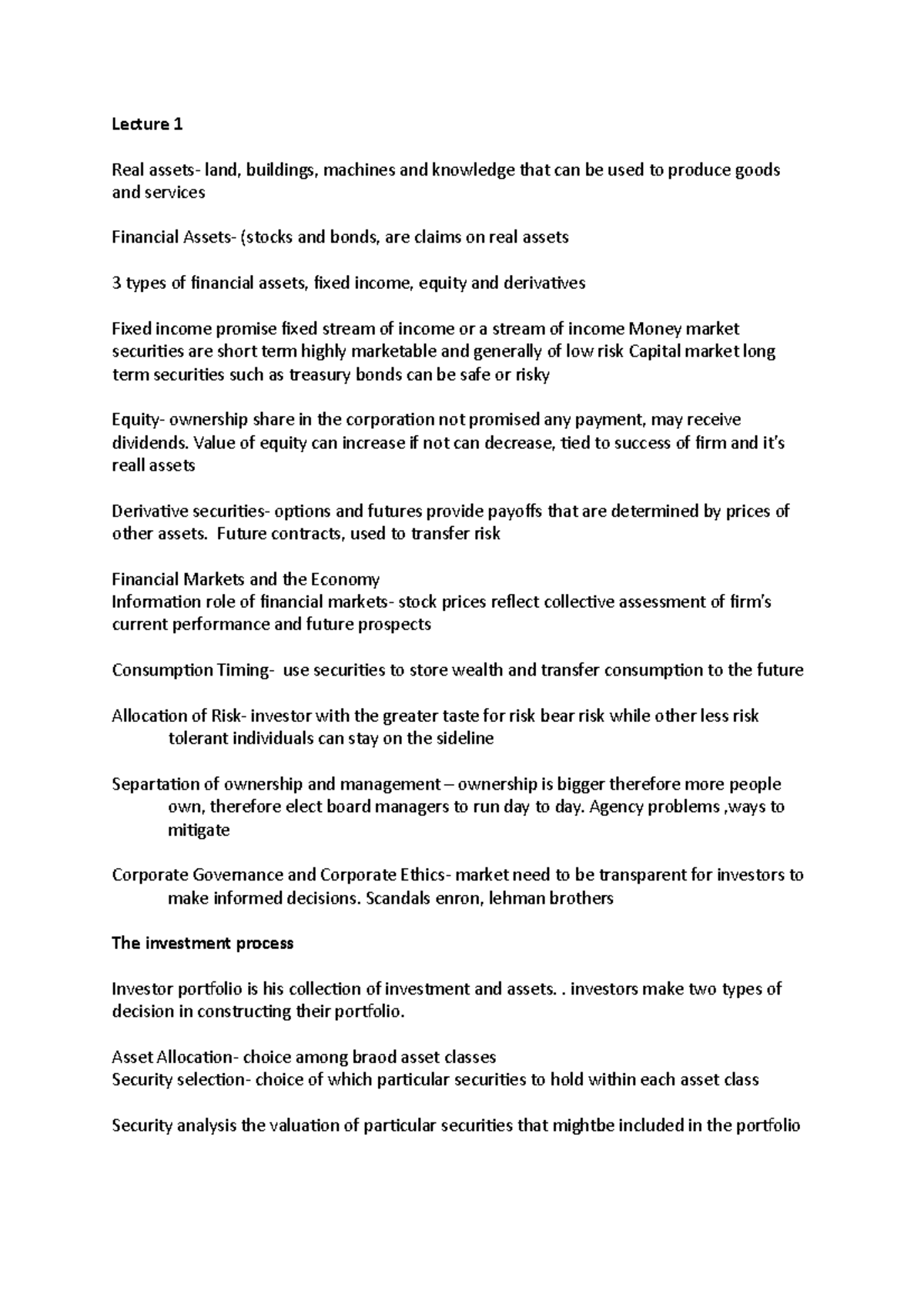 Financial Investment Notes - Lecture 1 Real assets- land, buildings ...