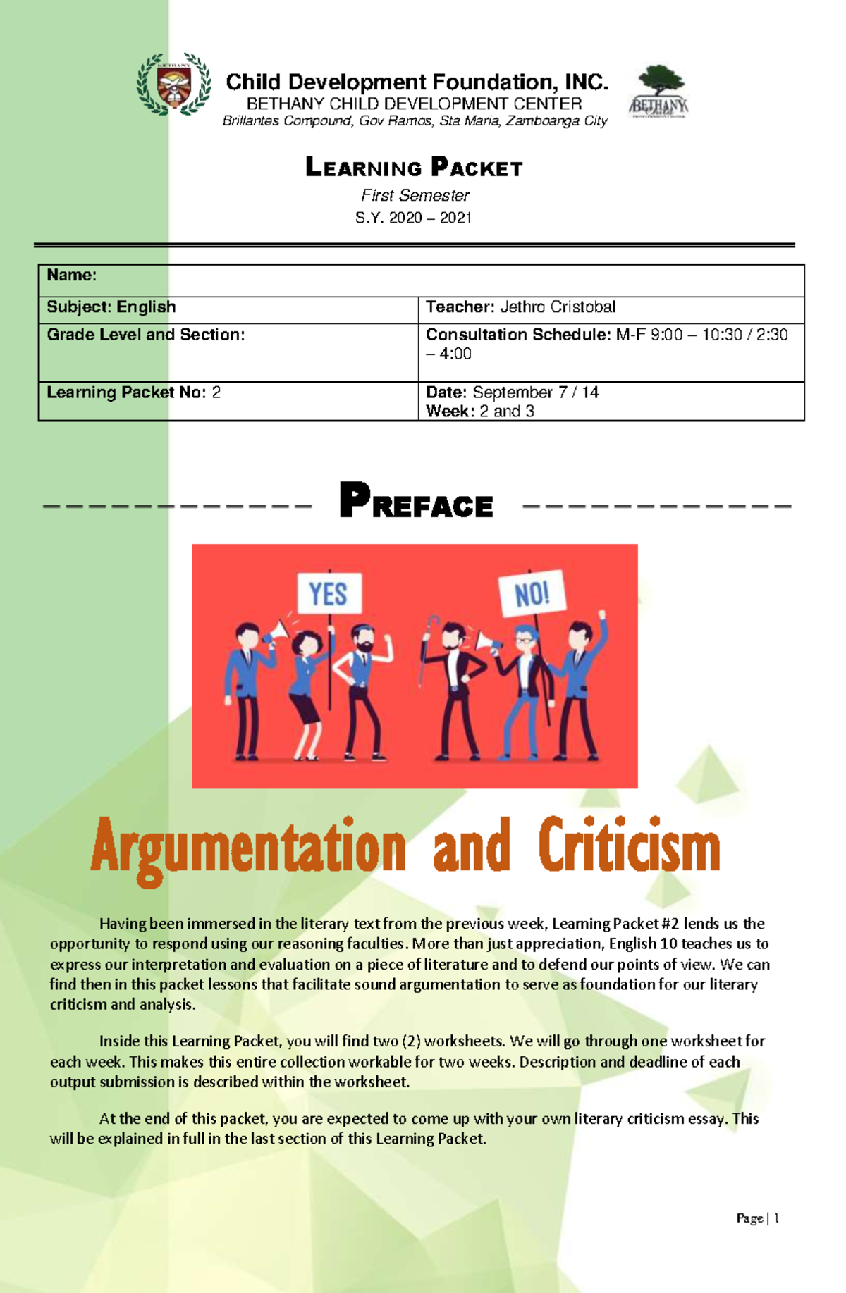 English 10 - Learning Packet 2 - Child Development Foundation, INC ...