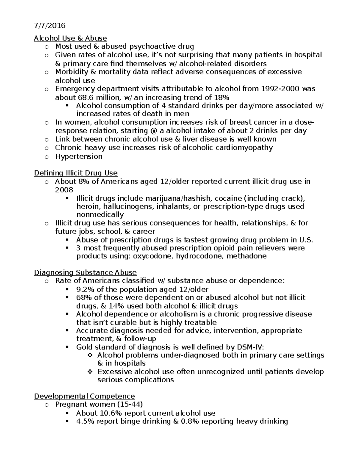C1-Substance Use - Substance use lecture notes - 7/7/2016 Alcohol Use ...