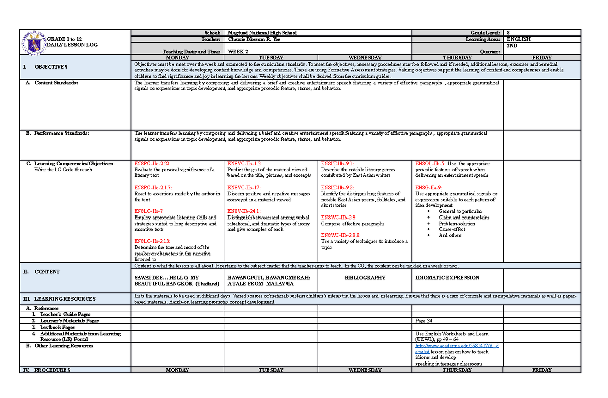 DAILY LESSON LOG ENGLISH EIGHT - GRADE 1 to 12 DAILY LESSON LOG School ...