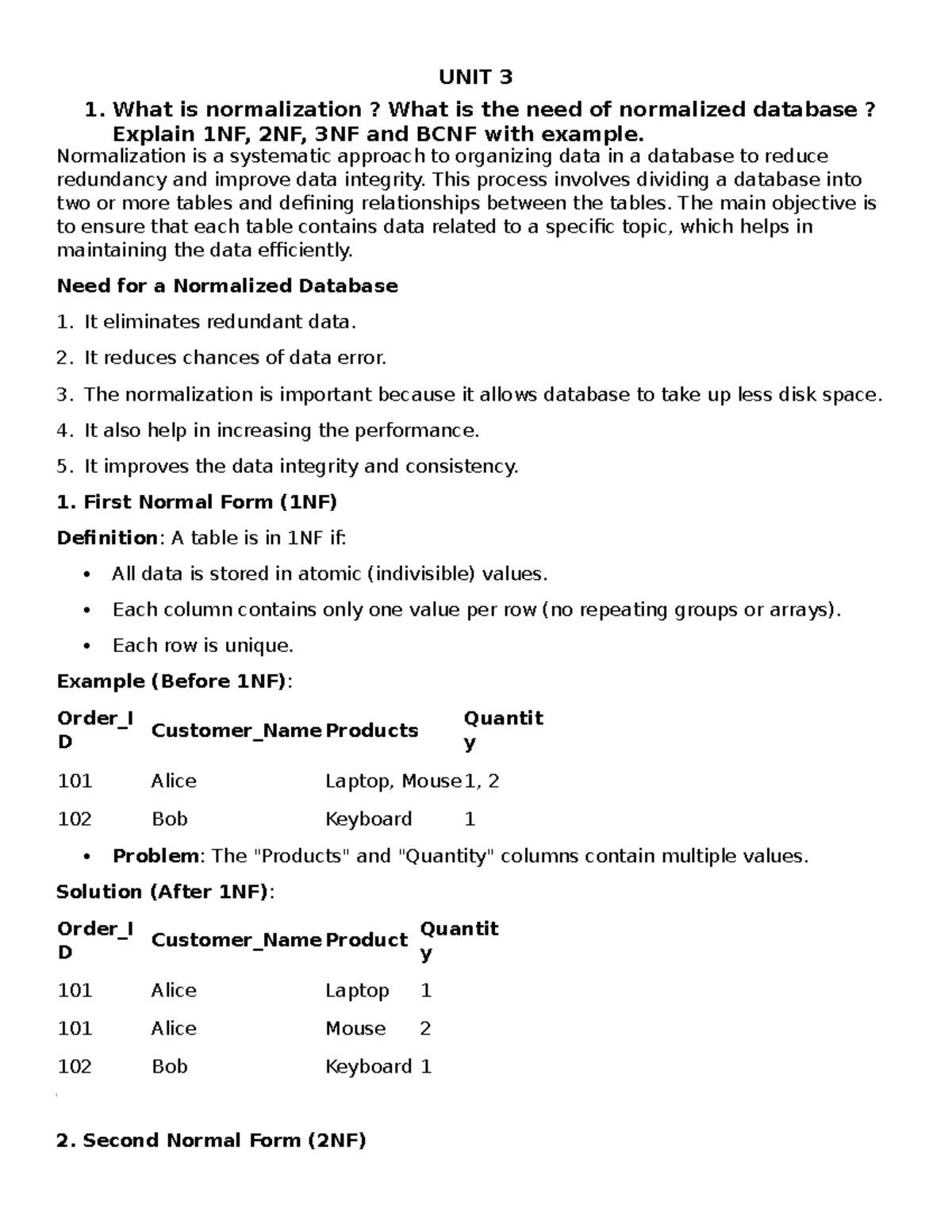 DBMS Endsem BY YASH - hhih - UNIT 3 1. What is normalization? What is the need of normalized ...