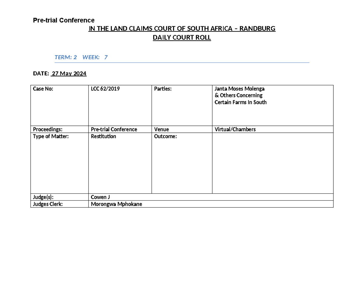 27 May 2024 - Randburg - Pre-trial Conference Virtual-Chamber Cowen J ...