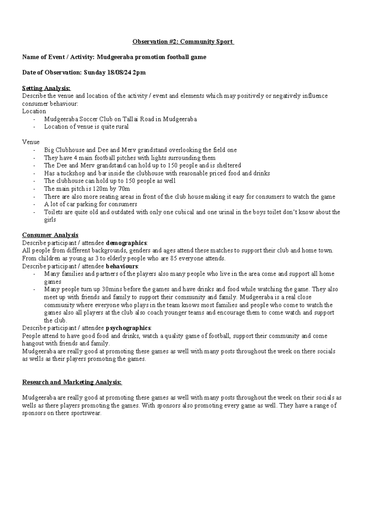 3323THS A1 Sport Consumer Observation Worksheets 2024 - Observation #2 ...