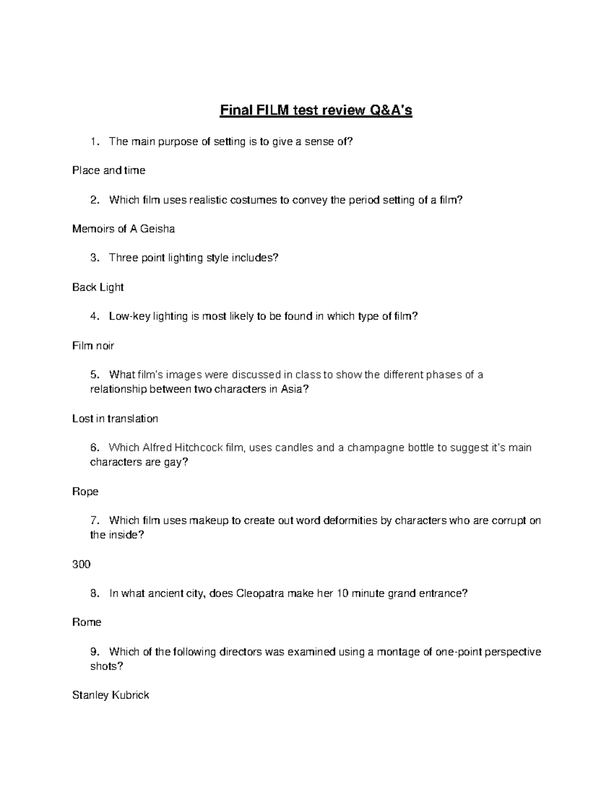 Epic Films - Final FILM Test Review Q A s - Final FILM test review Q&A ...