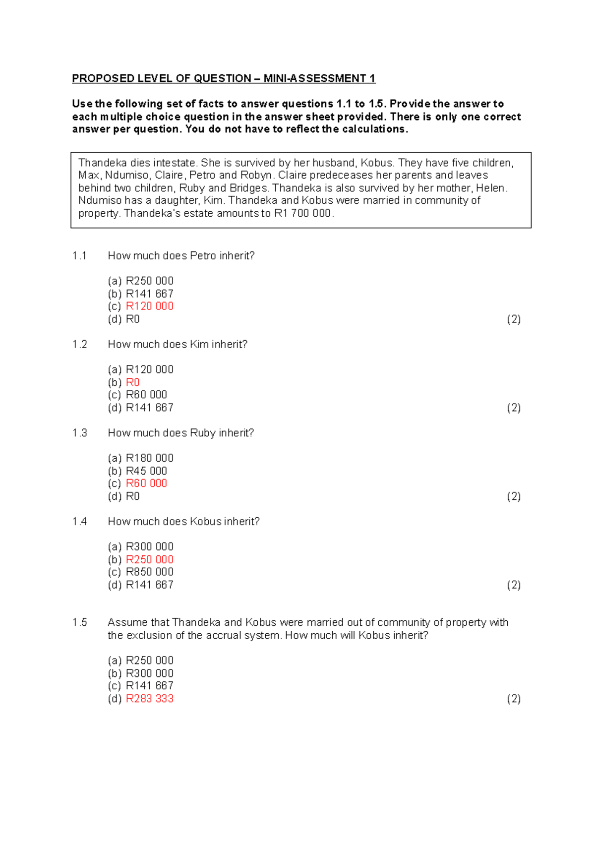 Proposed Level of Question - Mini Assessment 1 - PROPOSED LEVEL OF ...