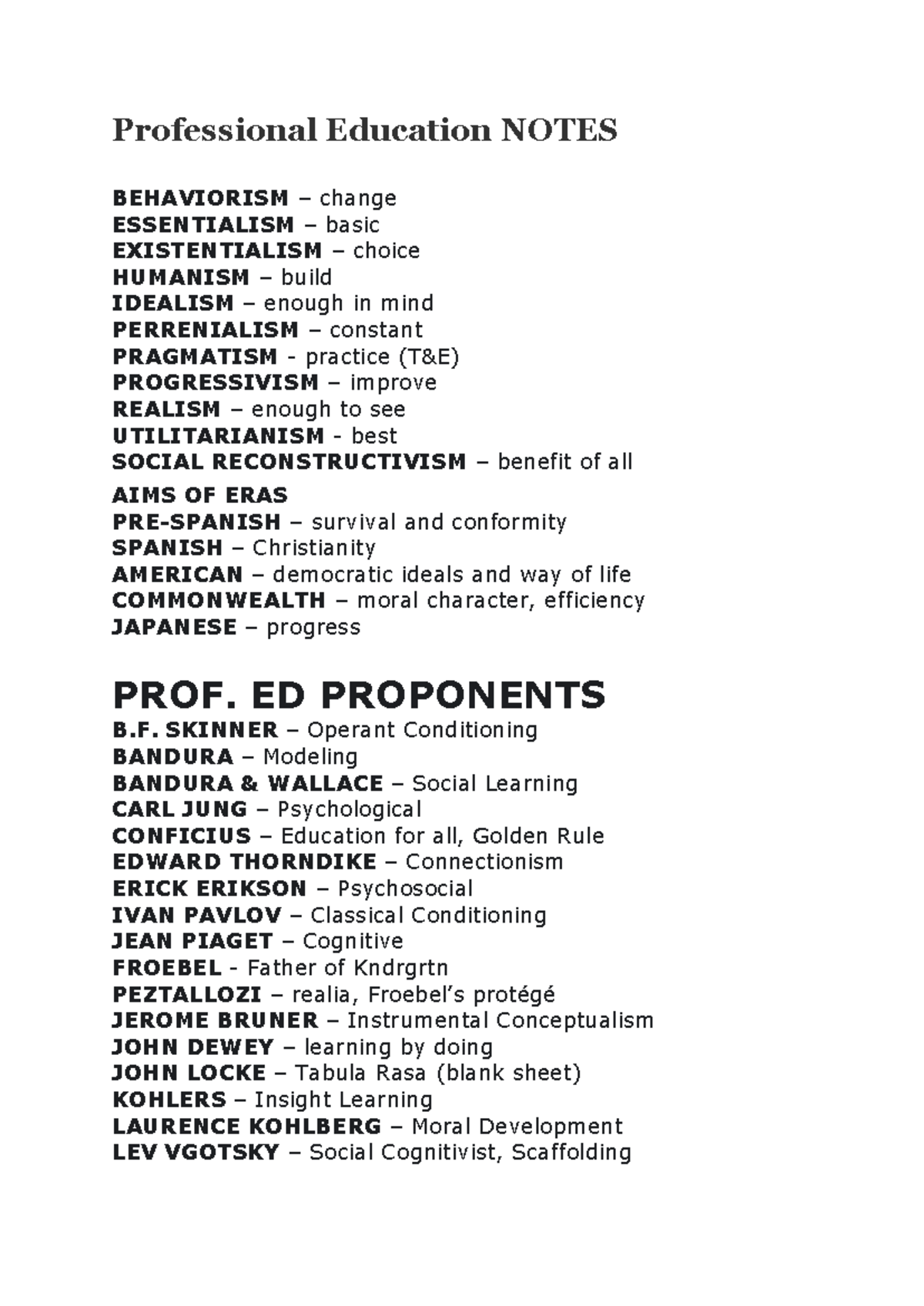 LET Important Notes - Professional Education NOTES BEHAVIORISM – change ...
